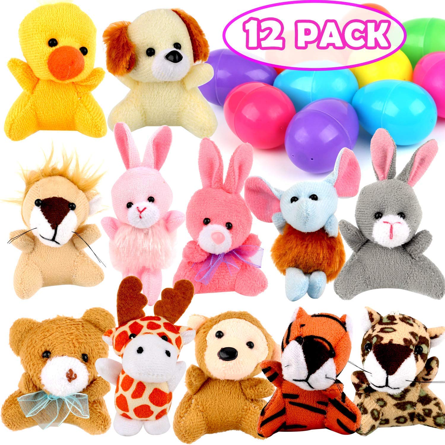 UFUNGA 12 Pack Prefilled Easter Eggs with Animal Plush 3.15Inch Plastic Easter Eggs for Easter Hunts, Basket Stuffers