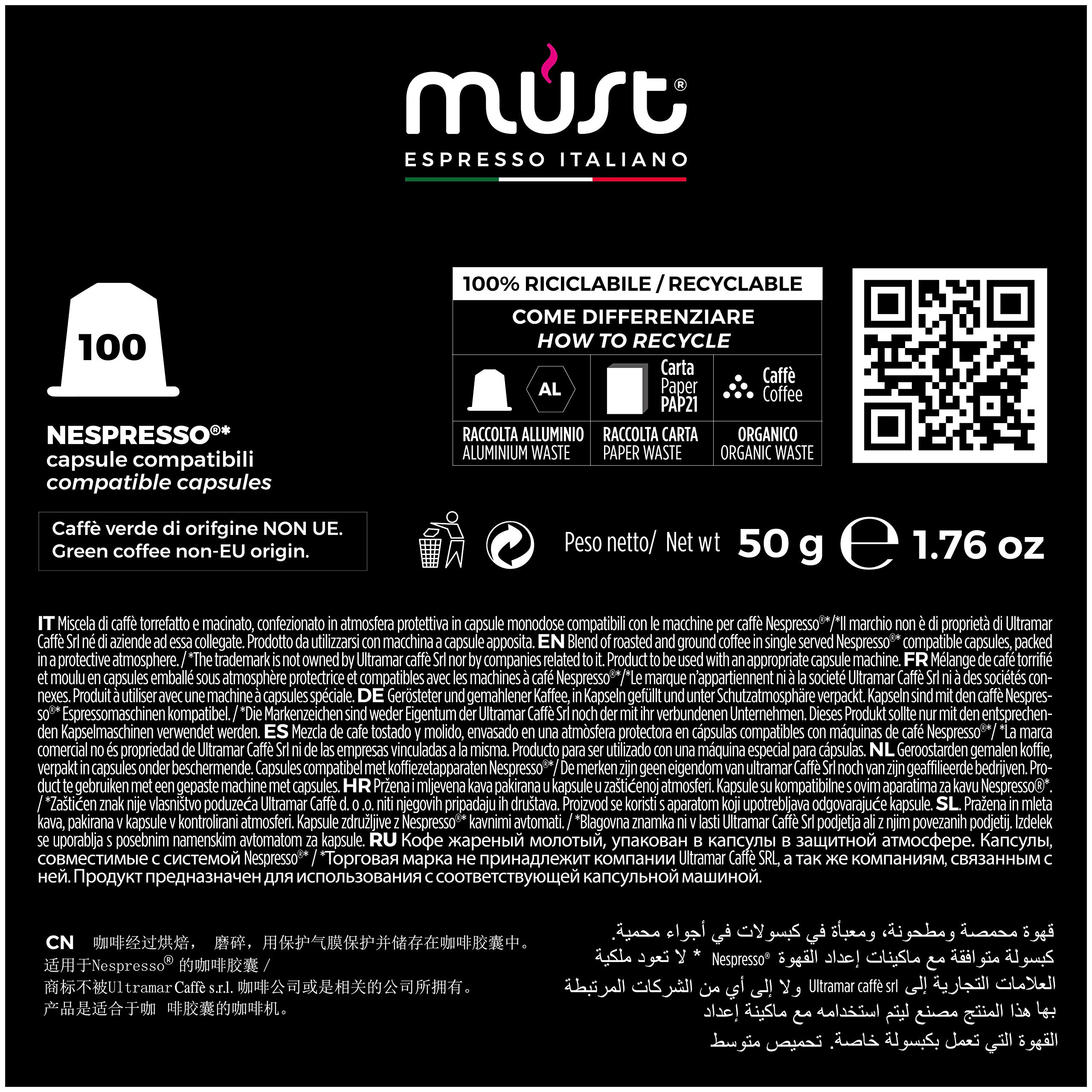 MUST, 100 Coffee Capsules in 100% Recyclable Aluminum, Ristretto Blend Intensity 7/8, 10 Packs of 10 Capsules, Compatible with Nespresso Machine, Made in Italy