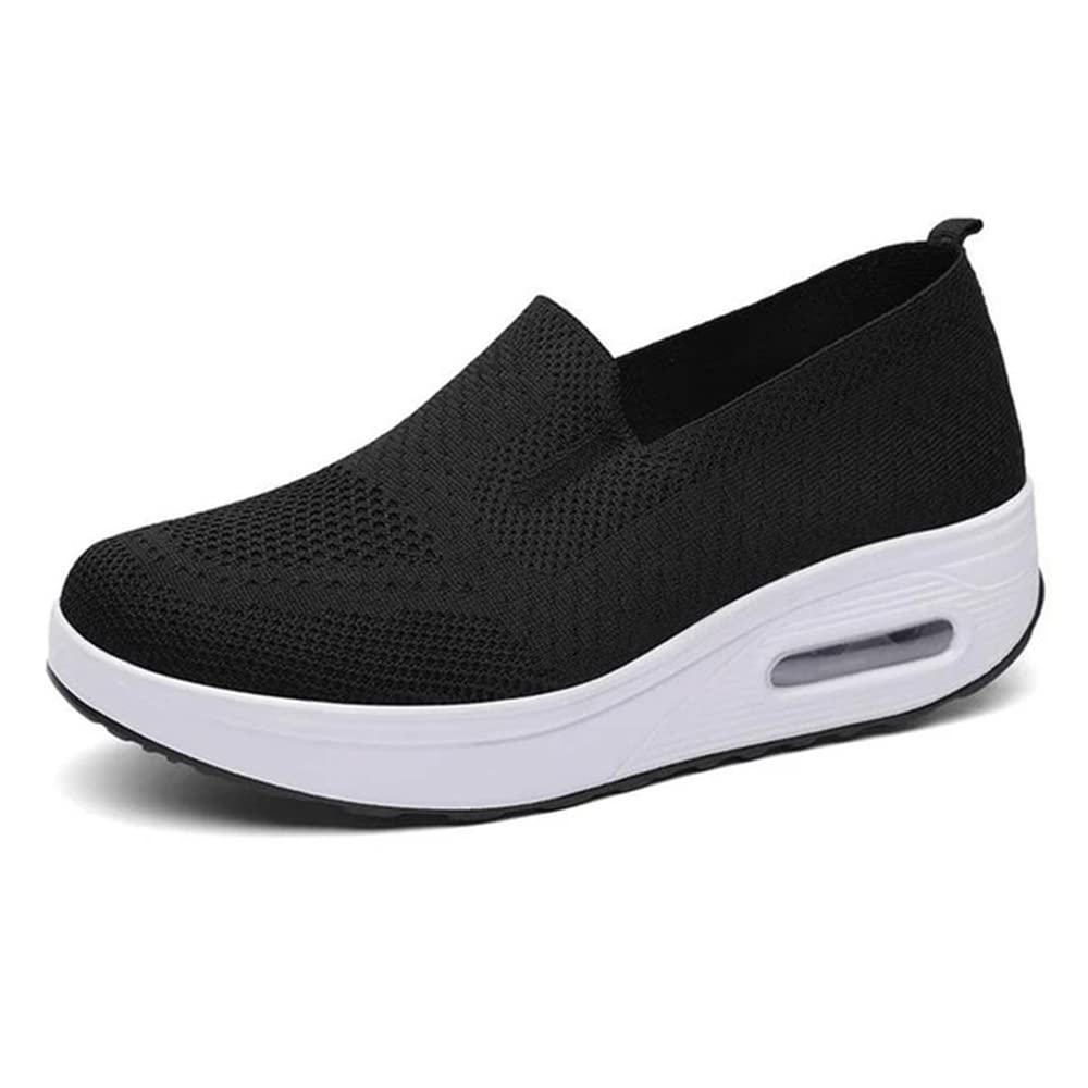 DASSIO Women's Orthopedic Sneakers, Ladies Rocker Shoes Air Cushion Platform Orthopedic Slip-On Walking Shoes with Arch Support, Mesh Tennis Sports Shoes Lightweight Sneaker (Black,37)