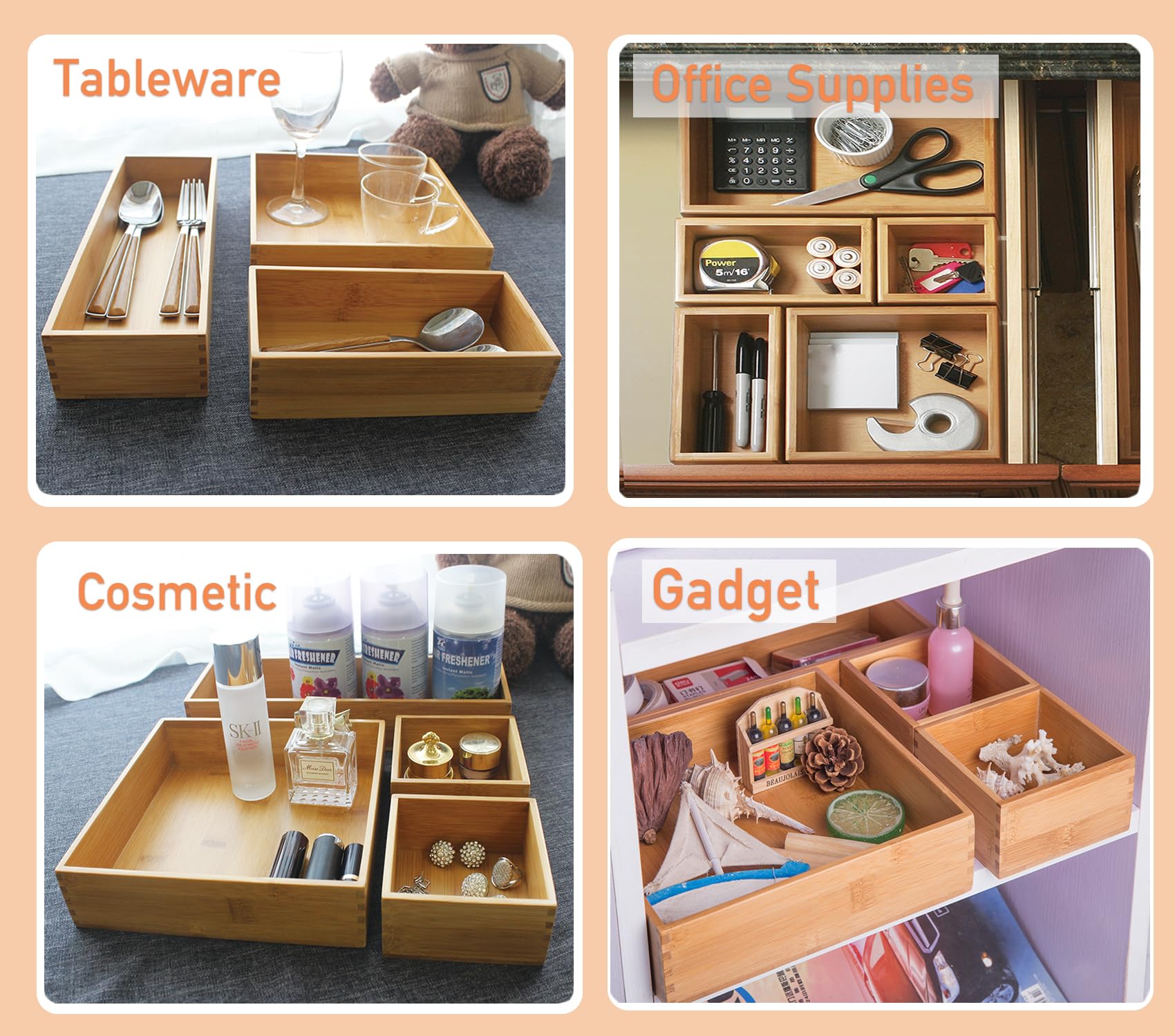 Sansnow Bamboo Organizer Storage Boxes for Tabletop Bathroom Dresser Organizer Small Boxes, Bamboo 4"*4"