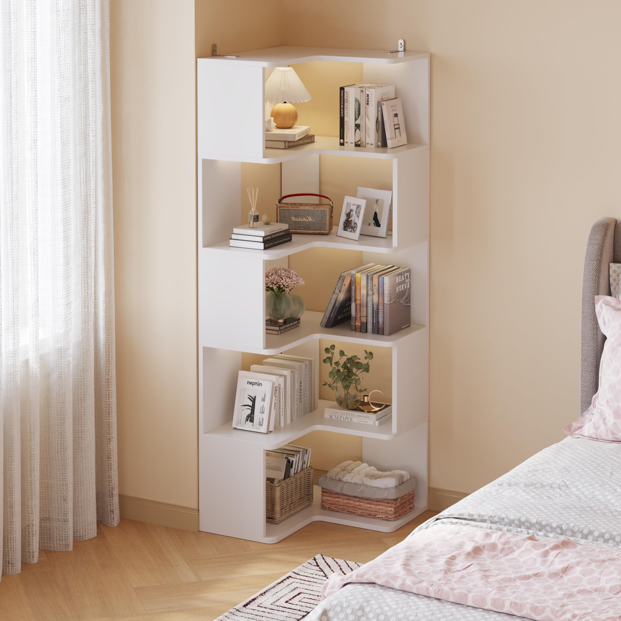Karl home Corner Rack,64.96" Bookshelf with Anti-Drop Panel,Modern Shelf Display Rack Storage,Wooden Open Display Shelving Storage Rack,for Bedroom,Living Room,Small Space,Home Office,Bar,White