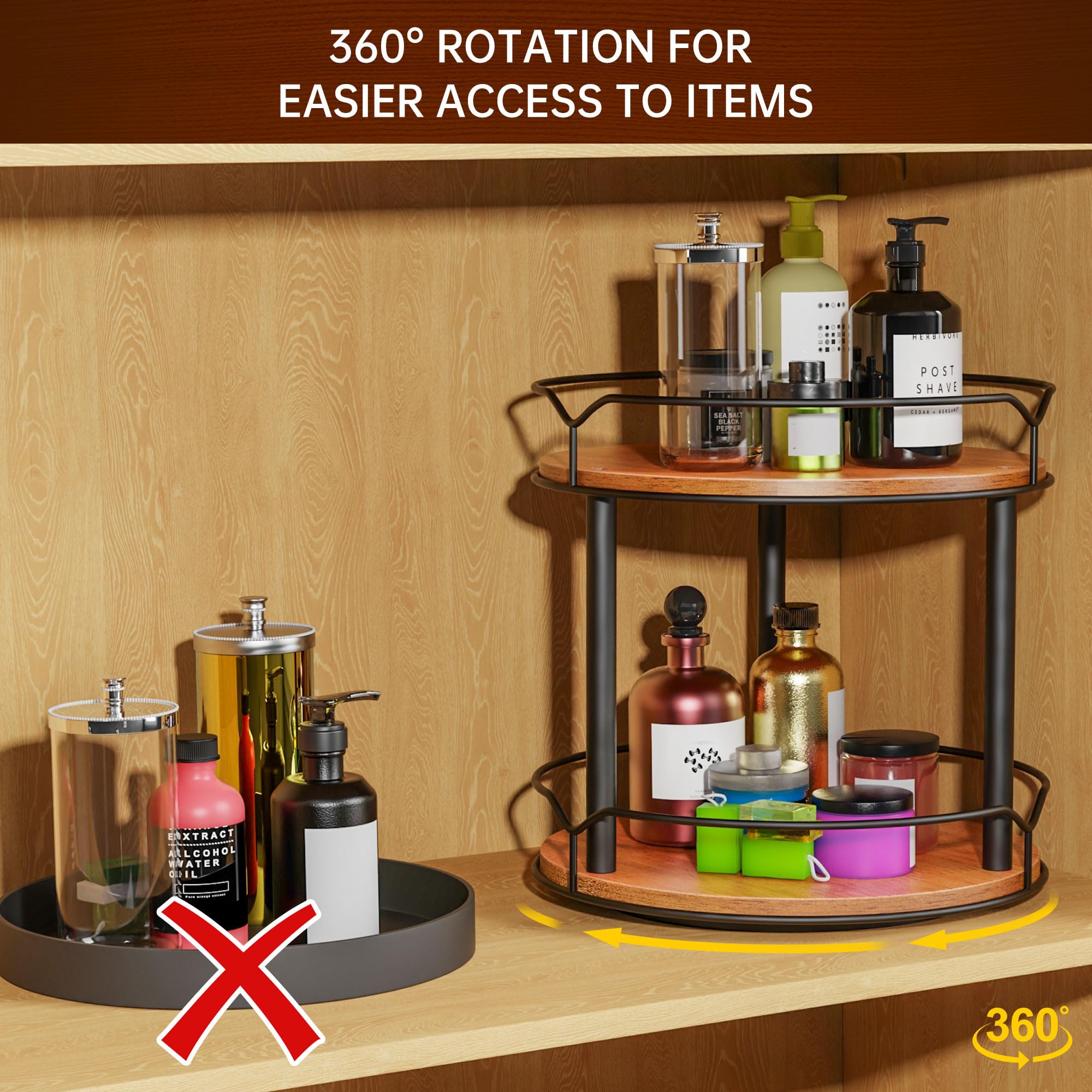 MUTUALUS Lazy Susan Organizer 2 Tier - Turntable Spice Rack for Table Top, Wooden Rotating Lazy Susan for Cabinet Pantry Kitchen Countertop Dining Table Cupboard Bathroom Vanity Storage