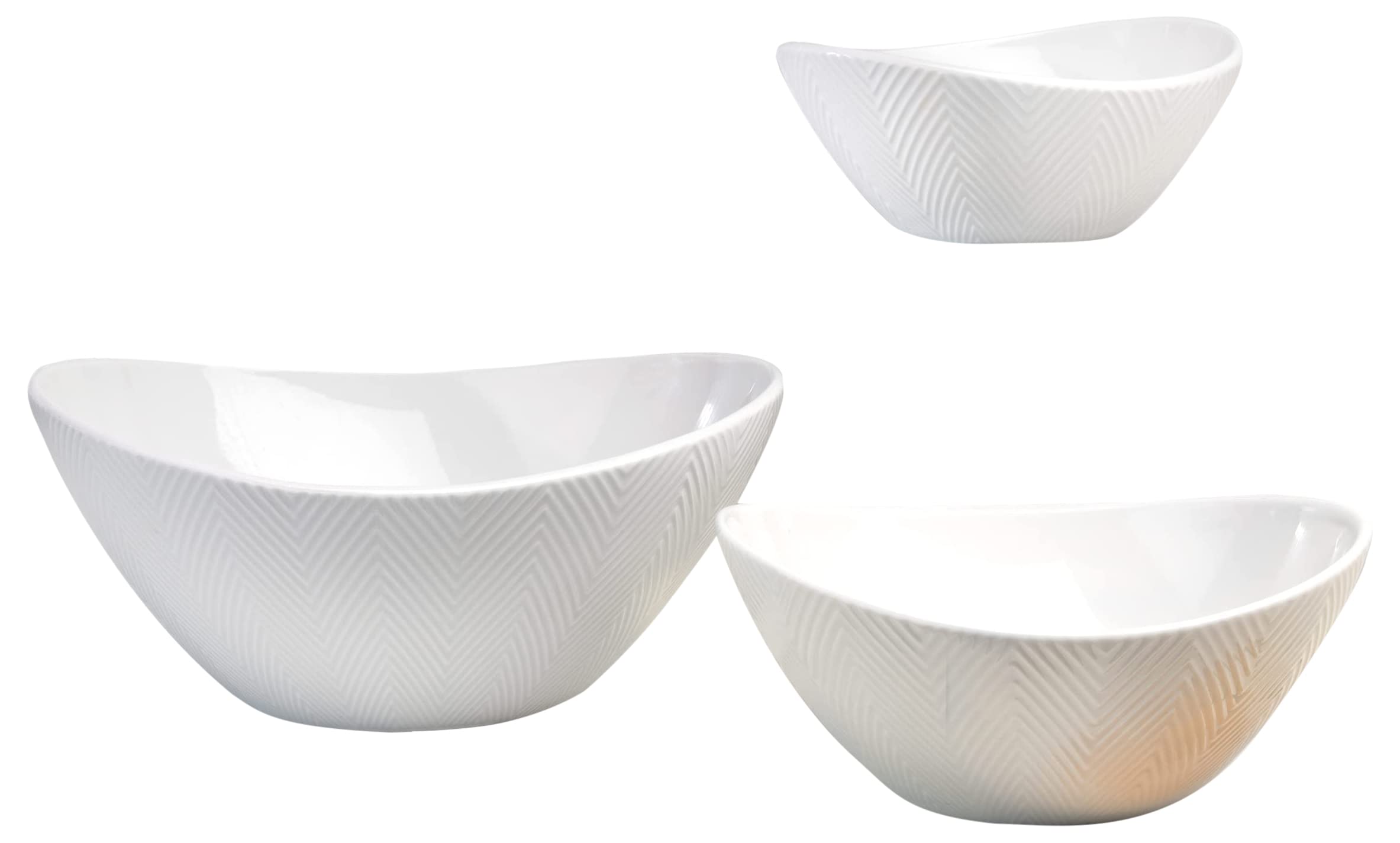 Euro Ceramica Highlands 3 Piece Porcelain Serving Bowls Set, Modern Chevron Texture, White - 40oz, 36oz, and 10oz, Chip Resistant - Nesting - Perfect for salads fruits dips