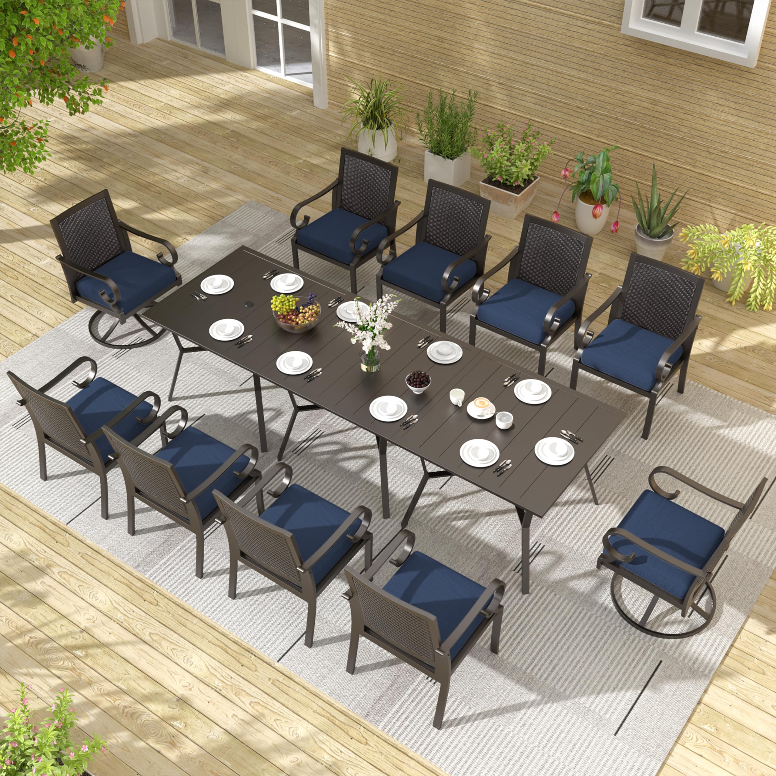 RTDTD 13 Pieces Outdoor Dining Set Patio Dining Table and Chairs Set Outdoor Furniture Set with 3 Square Metal Dining Tables with Umbrella Hole,10 Wicker Patio Chairs with Dark Blue Cushions