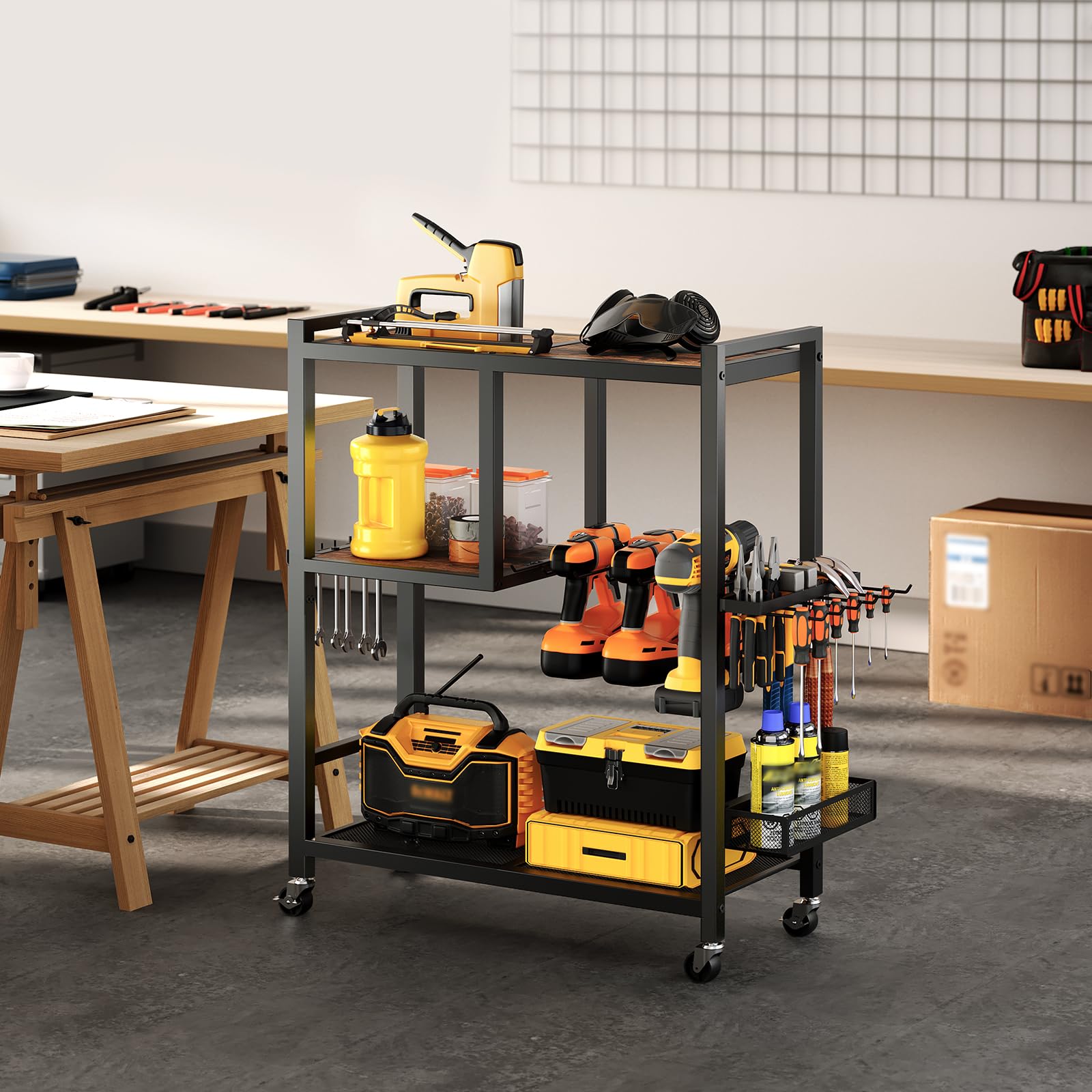 MAHANCRIS Power Tool Organizer, Power Tool Cart with Wheels, Garage Storage Organization, 6-8 Drill Rack Shelf Tool Holder, Rolling Tool Cart Mobile Open Tool Chest Cabinet Box for Workshop TCHR9901