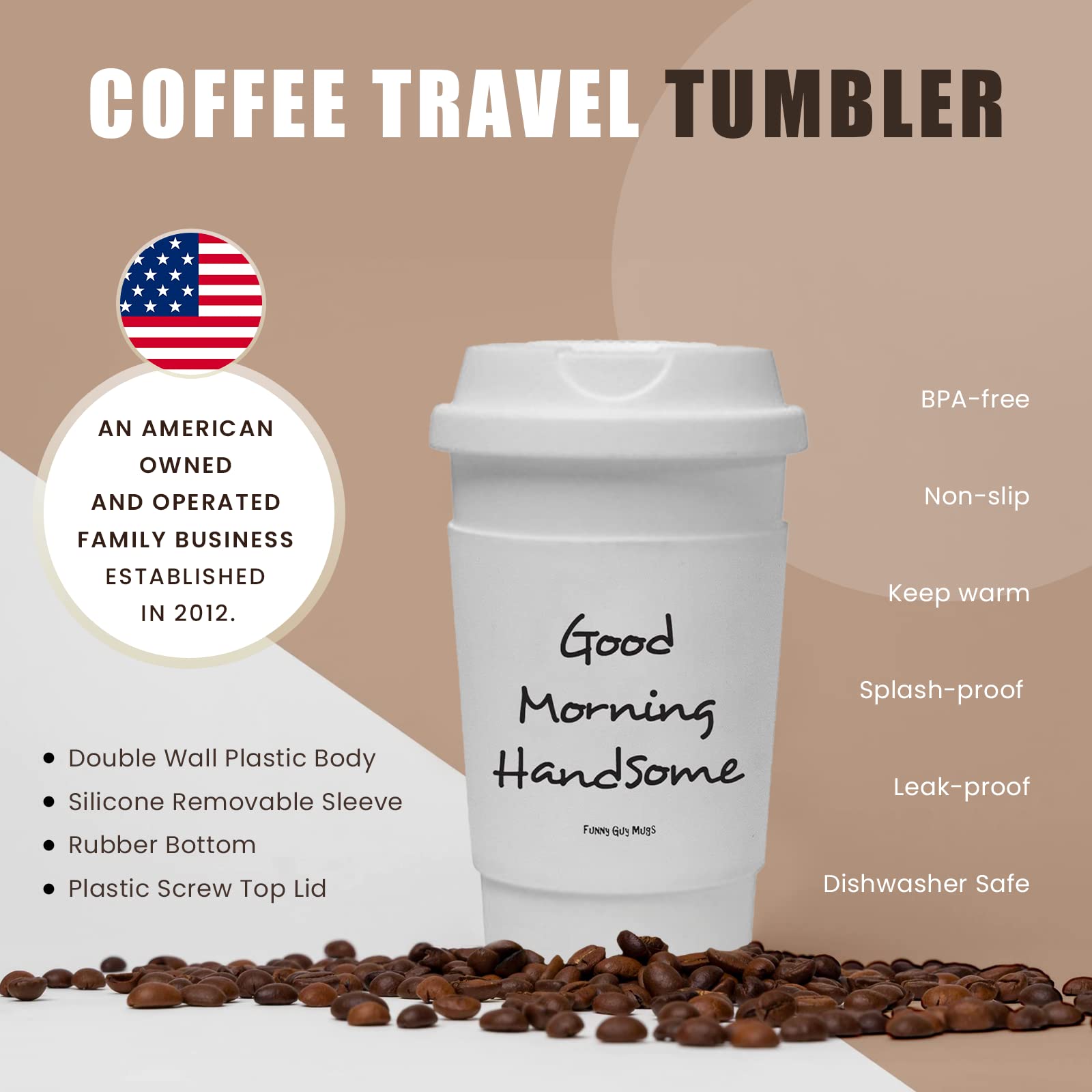 Funny Guy Mugs Good Morning Handsome Travel Tumbler With Removable Insulated Silicone Sleeve, White, 16-Ounce