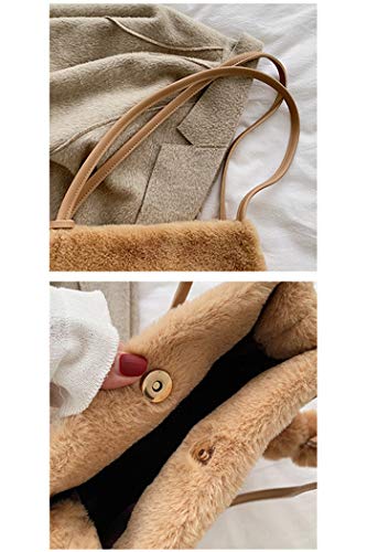 Ulisty Women Autumn Winter Small Faux Fur Shoulder Bag Fluffy Bucket Bag Plush Handbag khaki