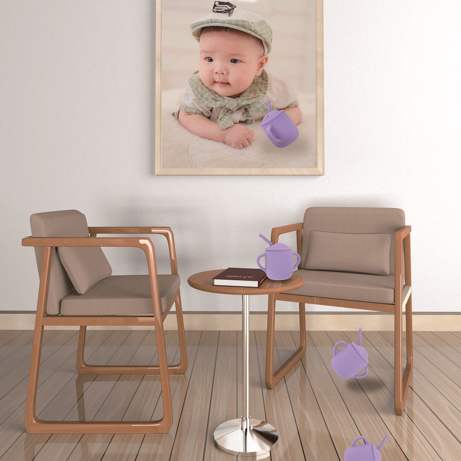 Linshuma Silicone Baby Training Cup, Toddler Straw Sippy Cup, Kids trainer Cup Spill & Non-Slip with 2 Handles BPA Free, Open Cup for 6 months+ Babies Cute 150ML Purple