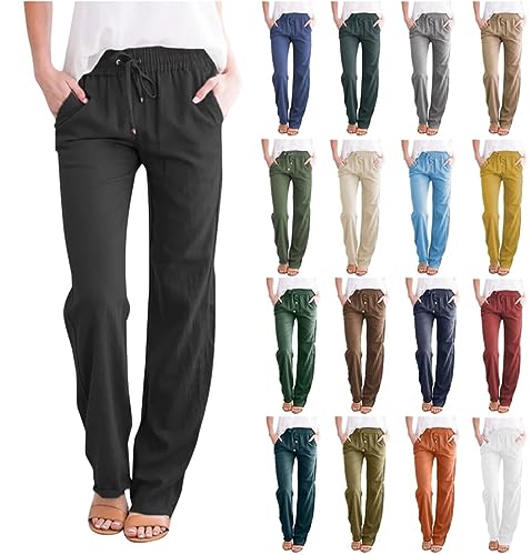 Somacperiy Women Cotton Linen Casual Pants Straight Leg Drawstring Elastic High Waist Loose Comfy Palazzo Trousers with Pockets(Black,3X-Large)