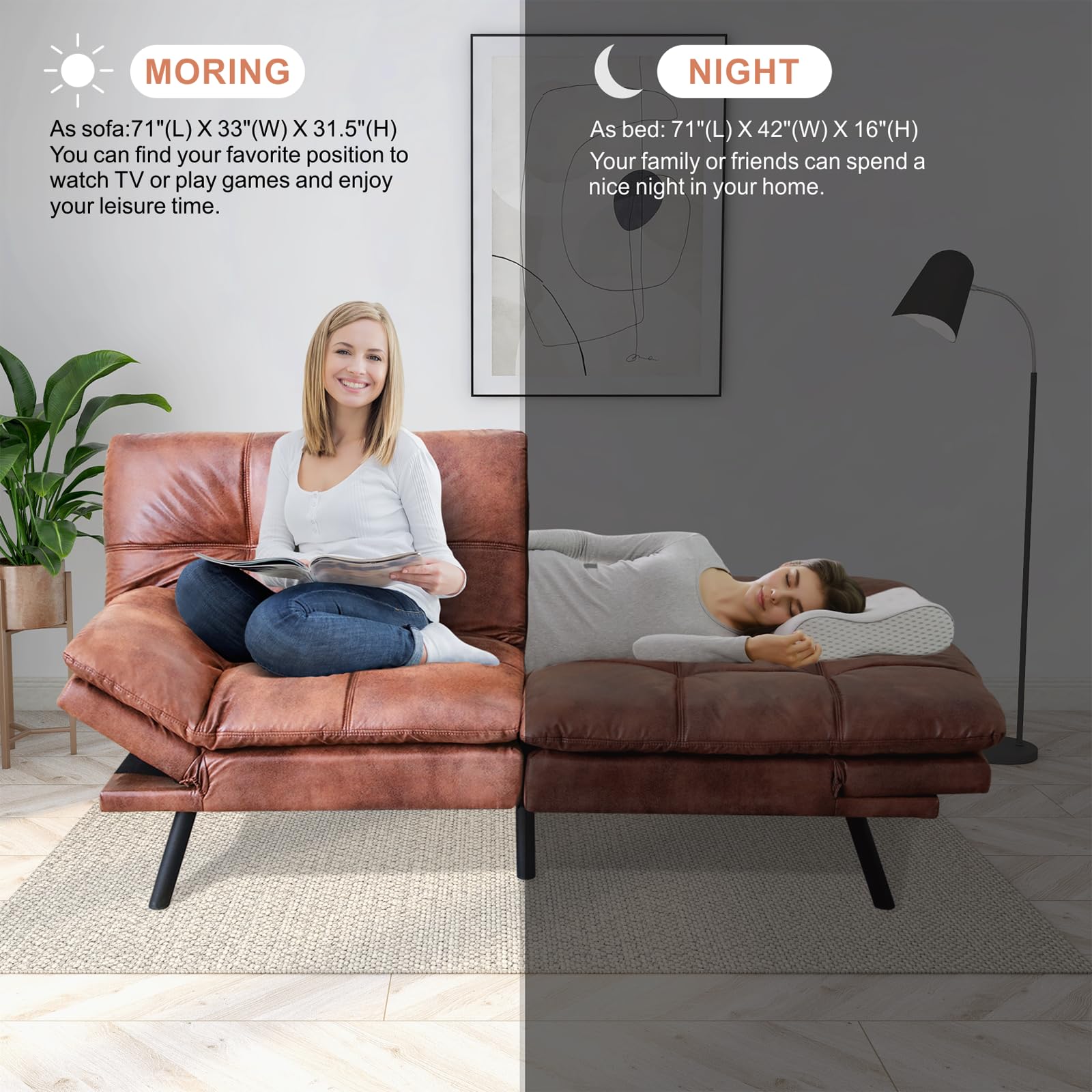 MUUEGM Convertible Memory Foam Futon Bed Modern Love Seat Sofa Sleeper Couch for Living Room,Office,Small Space Sofabed, Brown