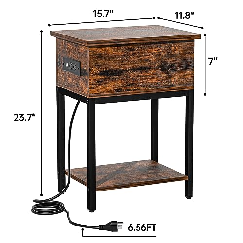 SZLHANJZ Nightstand with Charging Station, Narrow End Table with Storage Drawer, Wood & Metal Narrow Nightstand 2 Tier, Small Sofa Bed Side Table for Living Room Bedroom Dorm, Dark Brown