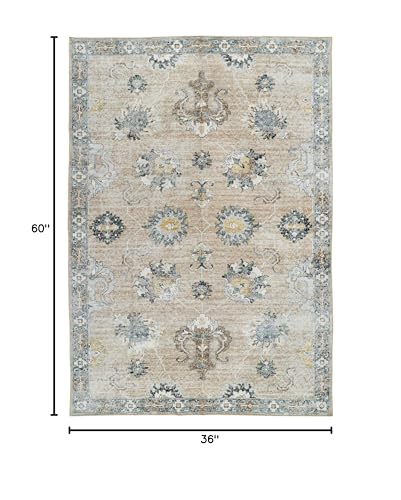 Kaspene Home - Machine Washable Thin 3x5 Area Rug - Oriental Vintage Blue and Brown, Bedroom, Hallway, Bathroom, and Entryway - Stain and Water-Resistant - Non-Slip - Pet and Kid Friendly
