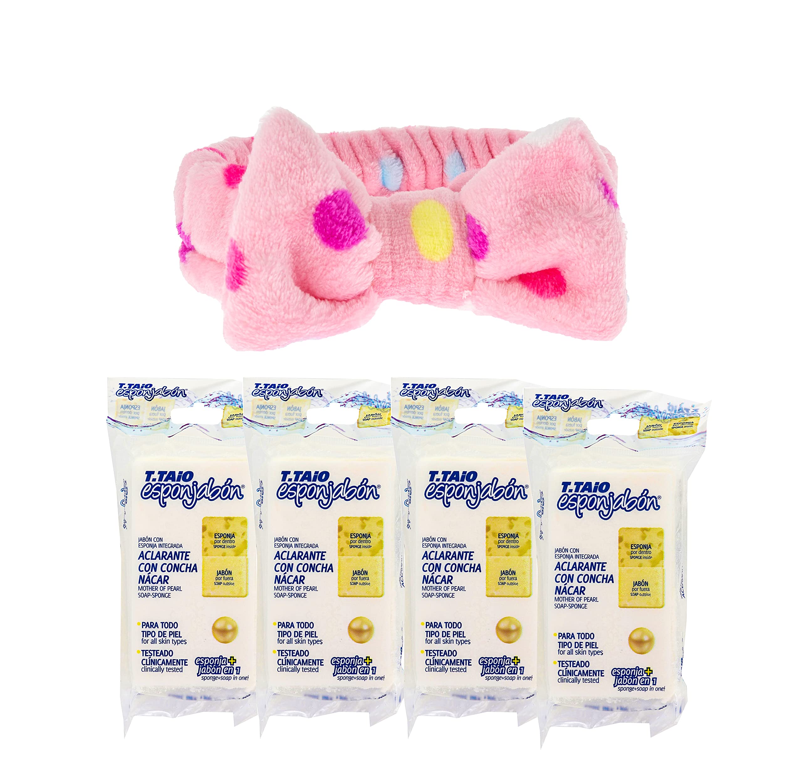 T. Taio Esponjabon Skin Lightening Pearl Soap Sponge (Concha Nacar) Pack of 4 Bundle with Premium Penguin Spa Bow Headband- Designs May Vary