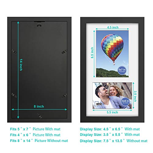 RPJC 8x14 Soild Wood 2 Opening Picture Frames with High Definition Glass Display 4x6 and 5x7 with Mat or 8x14 Without Mat for Wall Mounting Hanging Collage Photo Frame Black