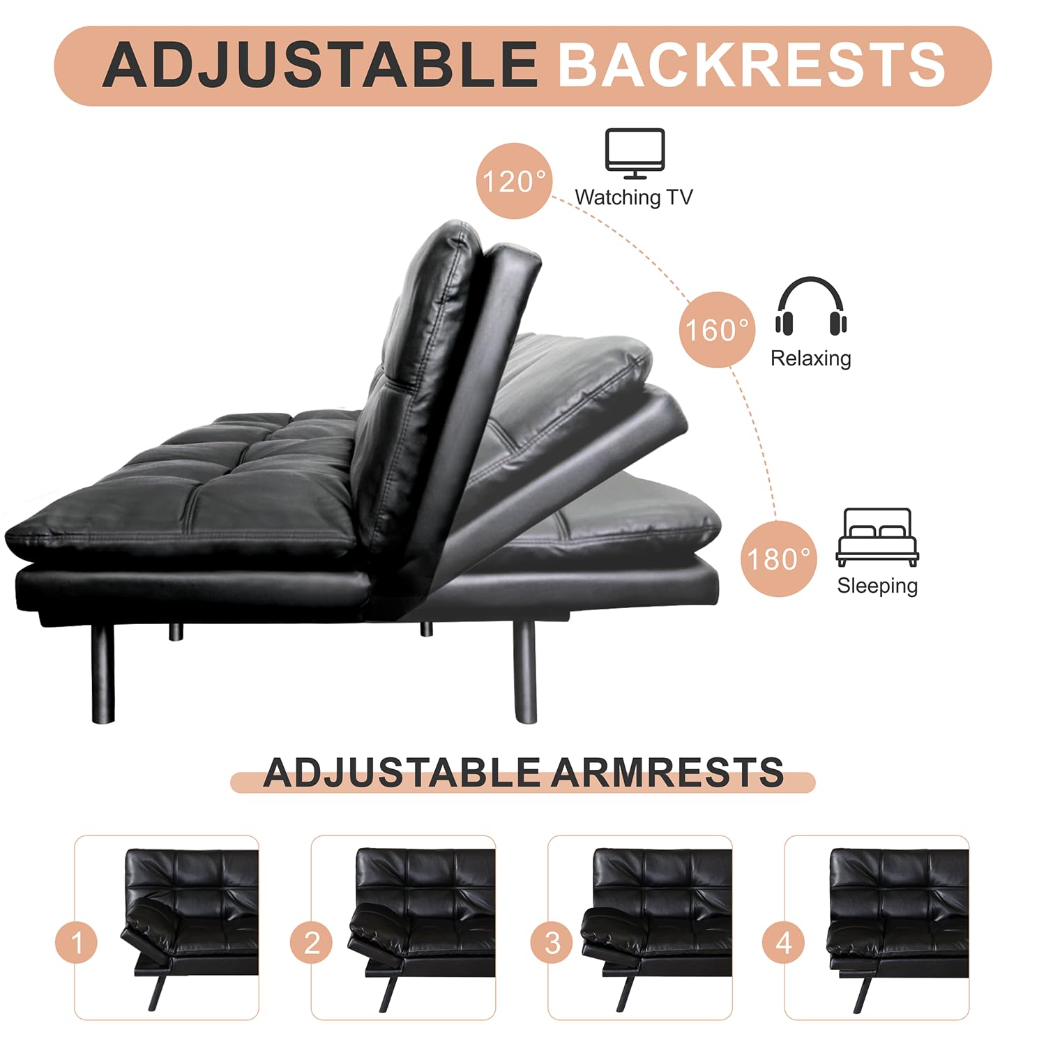 MUUEGM Futon Sofa Bed, Adjustable Futon Couch, Memory Foam Sofa, Modern Loveseat Sofa, Convertible Sofa Sleeper for Compact Space,Apartment, Living Room,Easy Assemble,Black