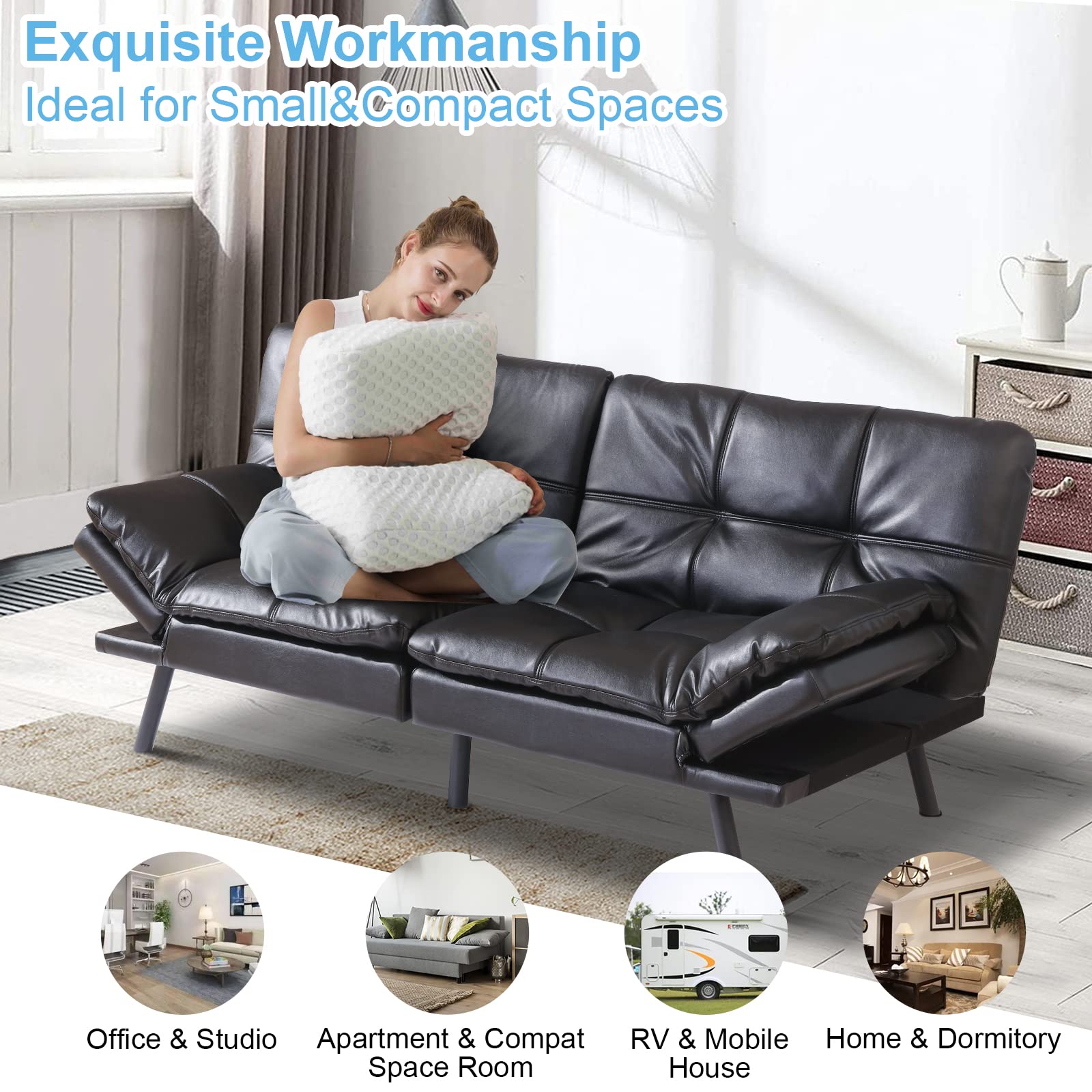 MUUEGM Futon Sofa Bed Faux Leather Futon Convertible Sofa Futon Couch Bed,Memory Foam Futon Sleeper Sofa Bed,Modern Loveseat Sofa,Adjustable Armrest&Backrest Futon Sets for Living Room,Offices,Black