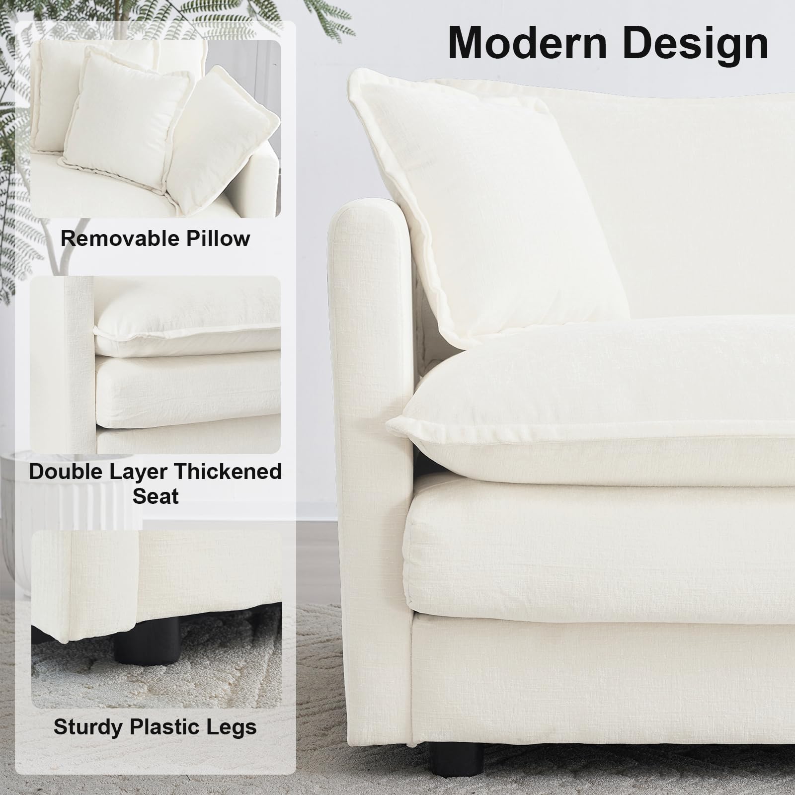Linyuanwai Chenille 4-Seater Sofa Couch, Comfy Oversized Cloud Couch with Deep Seat and 6 Pillows Lounge Upholstered Large Sofa for Living Room Bedroom Office Apartment (White)