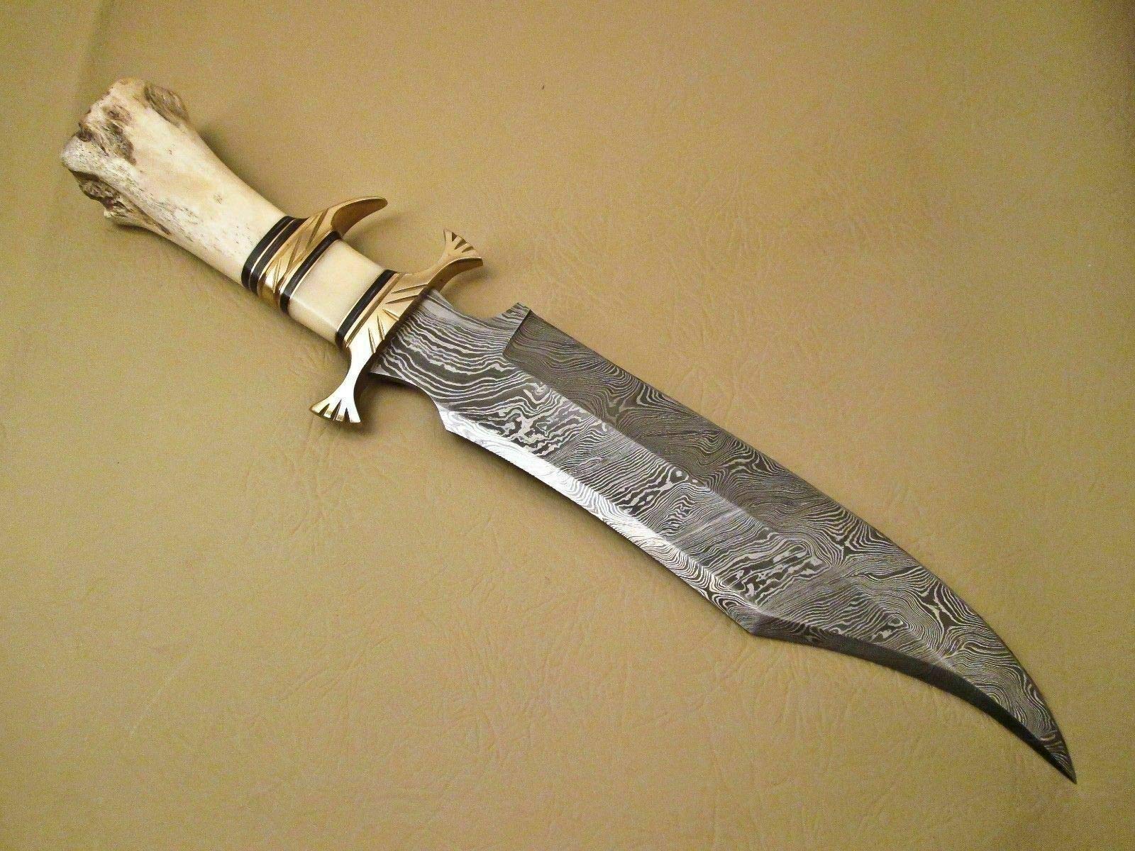 Damascus Steel Hunting Knife - Fixed Blade Knives with Sheath - Firm Grip Handle Made of Camel Bone (White)