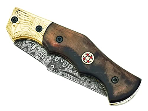 Damascus Steel Blade Folding Pocket Hunting Knife Real Leather Sheath For Camping Fishing Outdoor EDC SM91