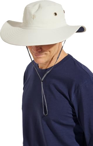 Coolibar UPF 50+ Men's Leo Shapeable Wide Brim Hat - Sun Protective (Large/X-Large- Stone/Navy)