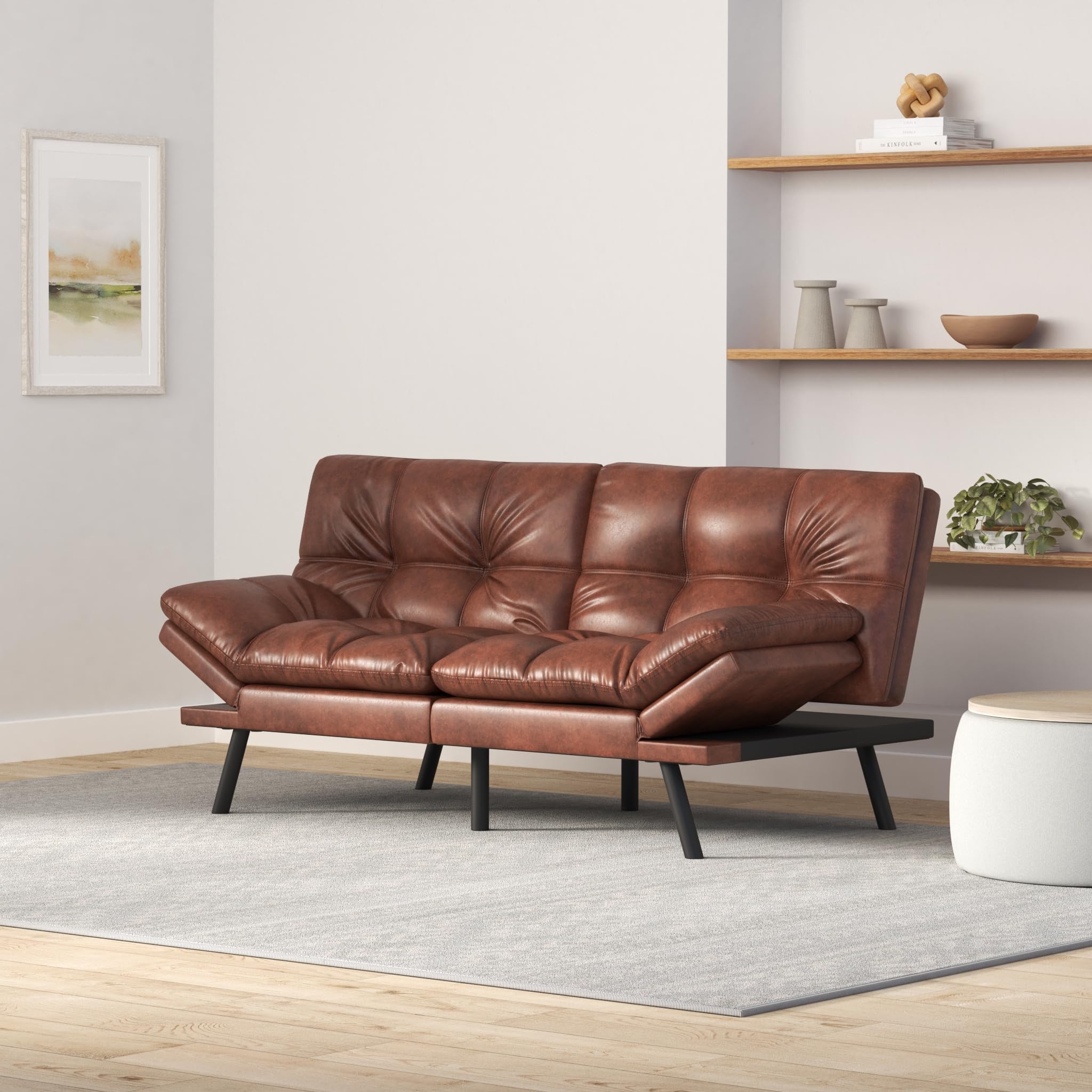 MUUEGM Futon Sofa Bed Convertible Memory Foam Sleeper Couch,Modern Faux Leather Loveseat for Living Room,Small Compact Space,Dorm,Office,Adjustable Armrests Backrest Sofabed, Brown