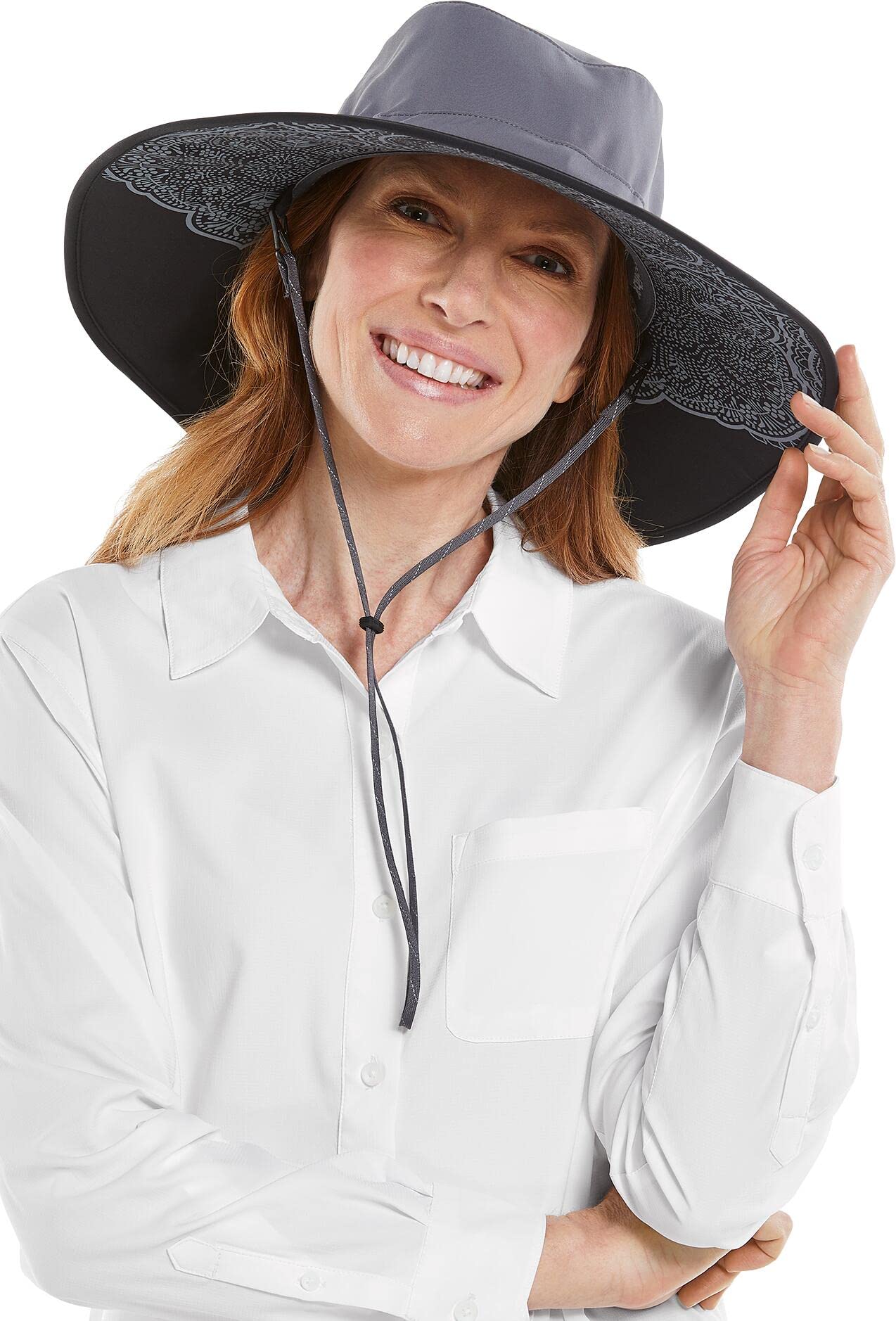 Coolibar UPF 50+ Women's Etta Shapeable Sun Catcher Hat - Sun Protective (One Size- White/Carbon Travel Medallion)