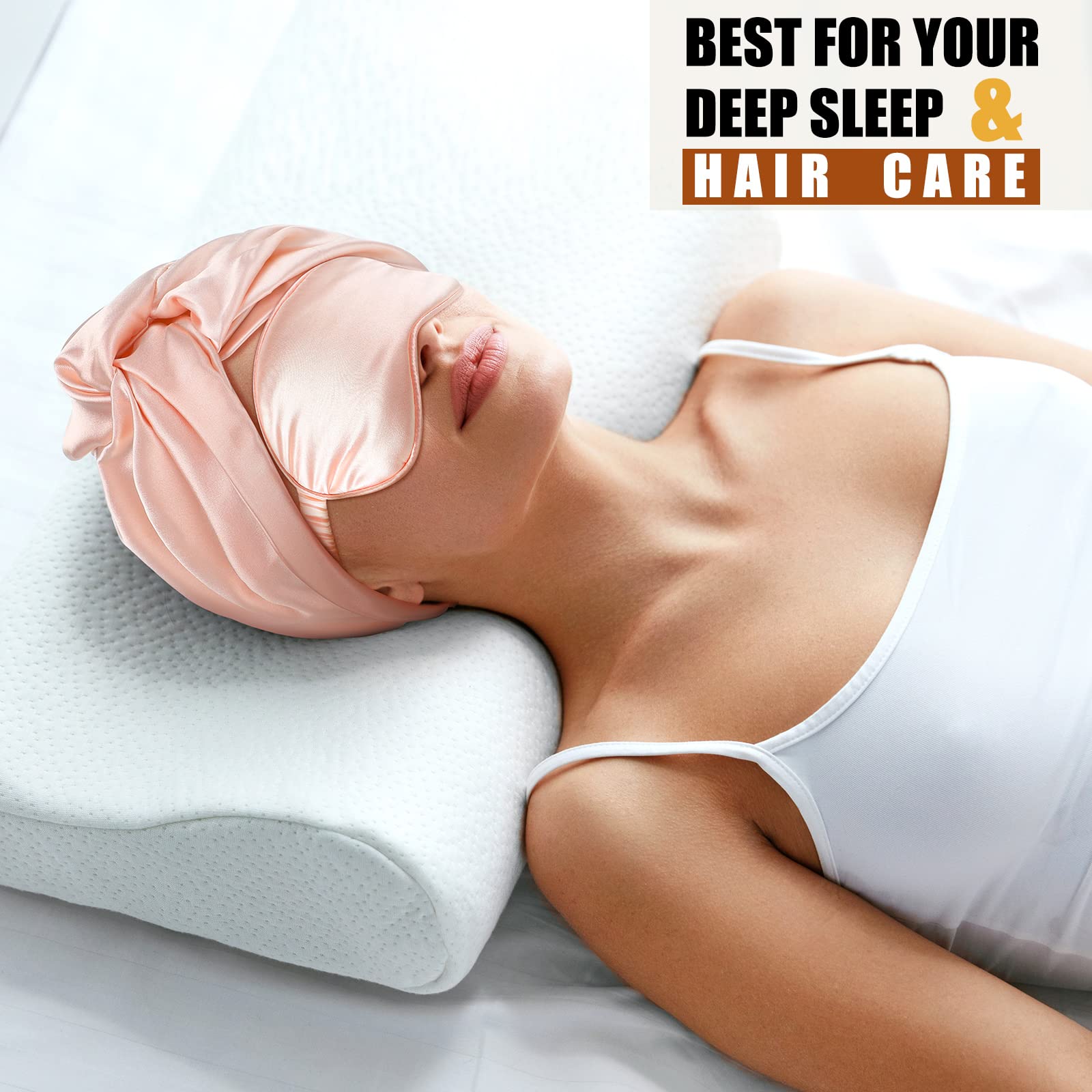SATINIOR 4 Pcs Silk Bonnet Sleep Cap Women Silk Hair Wrap for Sleeping and Comfortable Sleep Eye Covering, 4 Piece Set(Black, Pink)