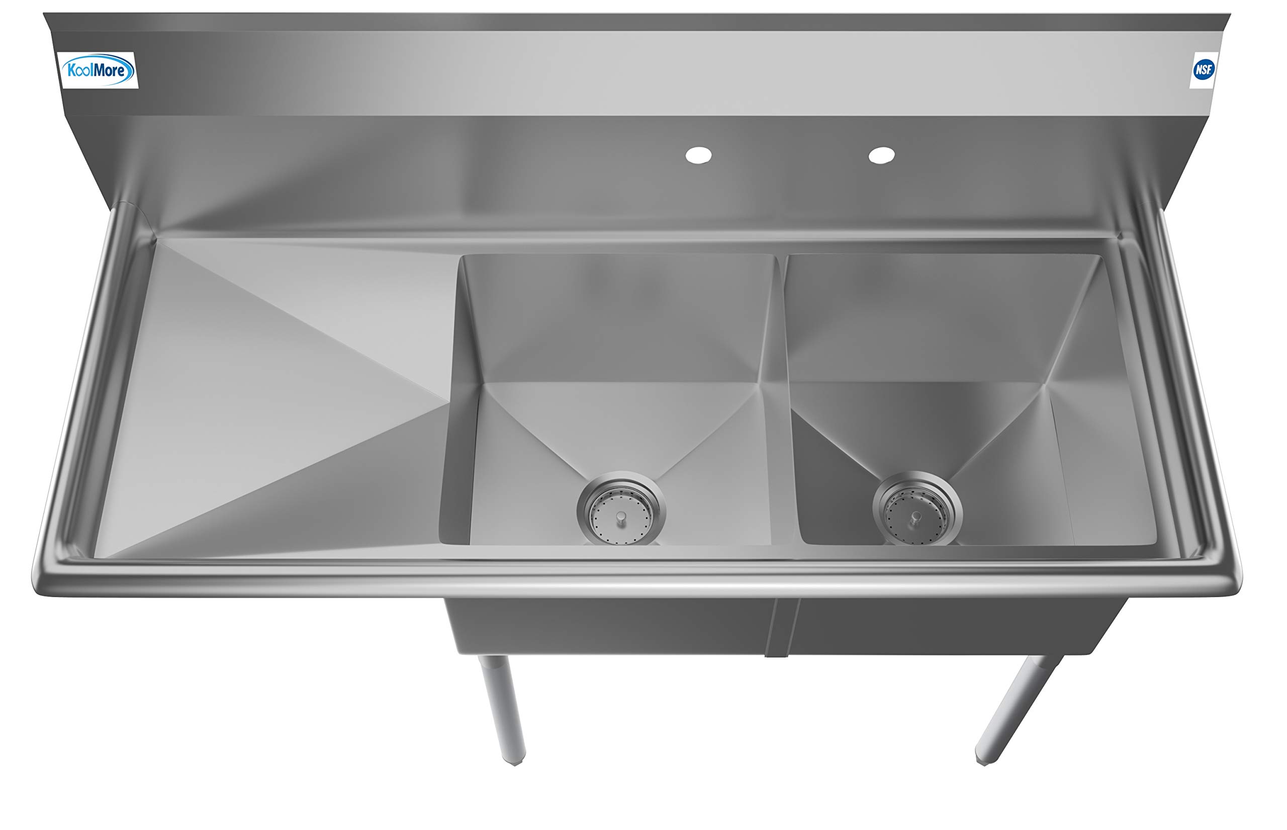 KoolMore 2 Compartment Stainless Steel NSF Commercial Kitchen Prep & Utility Sink with 2 Drainboards - Bowl Size 15" x 15" x 12", Silver, Left Drainboard