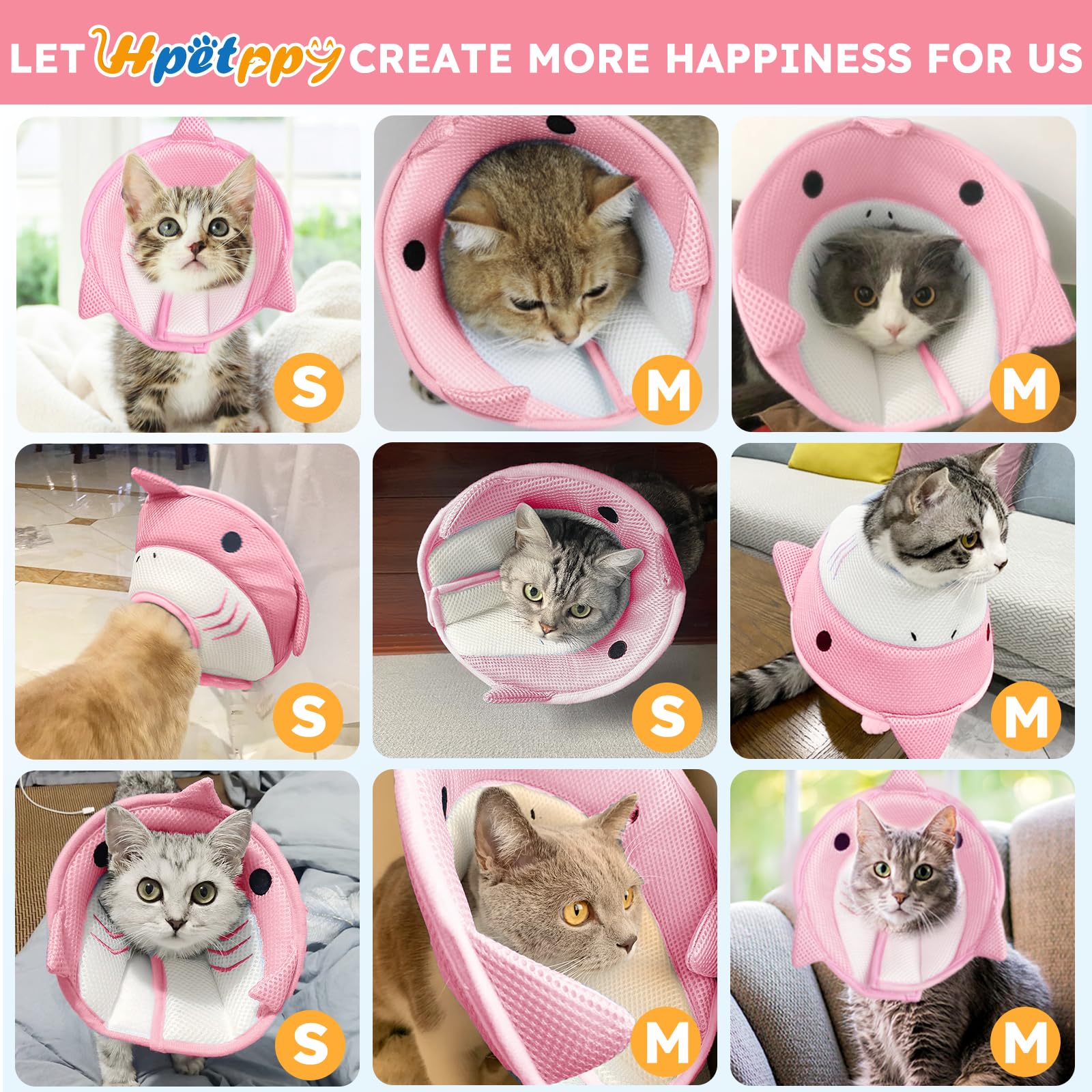 Hpetppy Cat Cone Collar Soft, Adjustable Cat Recovery Collar After Surgery to Prevent Licking Wound, Breathable Cat Neck Cone Comfortable Pet Elizabethan Collar for Cats Kittens Cute Shark Design