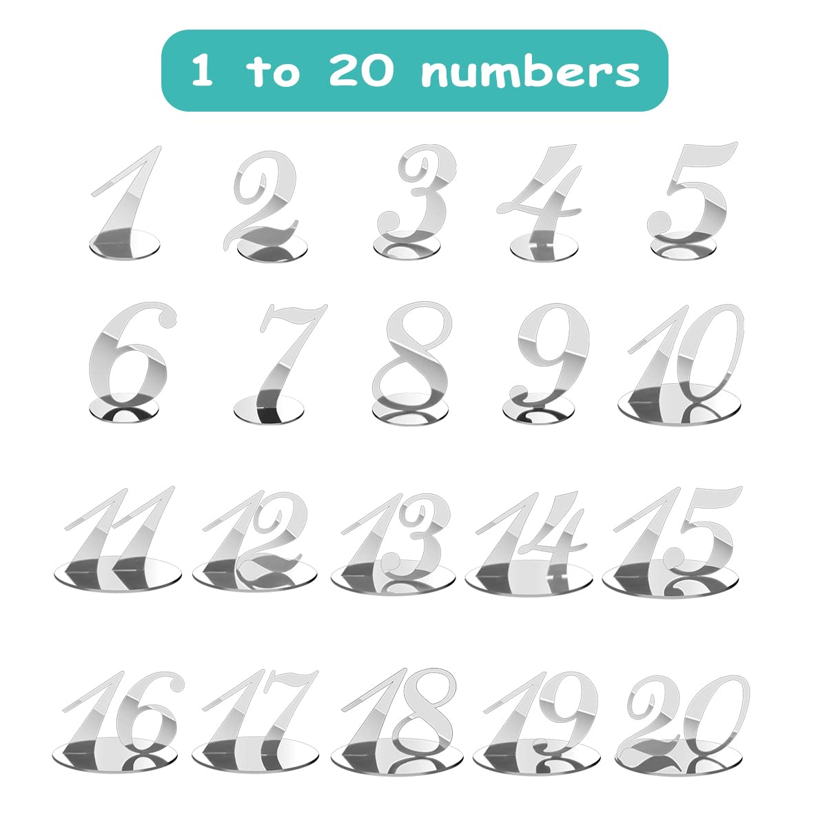 Rely2016 Mirrored Table Number, 1-20 Wedding Table Numbers Stands with Holder Base Acrylic Table Numbers Place Card Holders Reception Décor for Wedding Banquet Birthday Party Event Catering (Silver)
