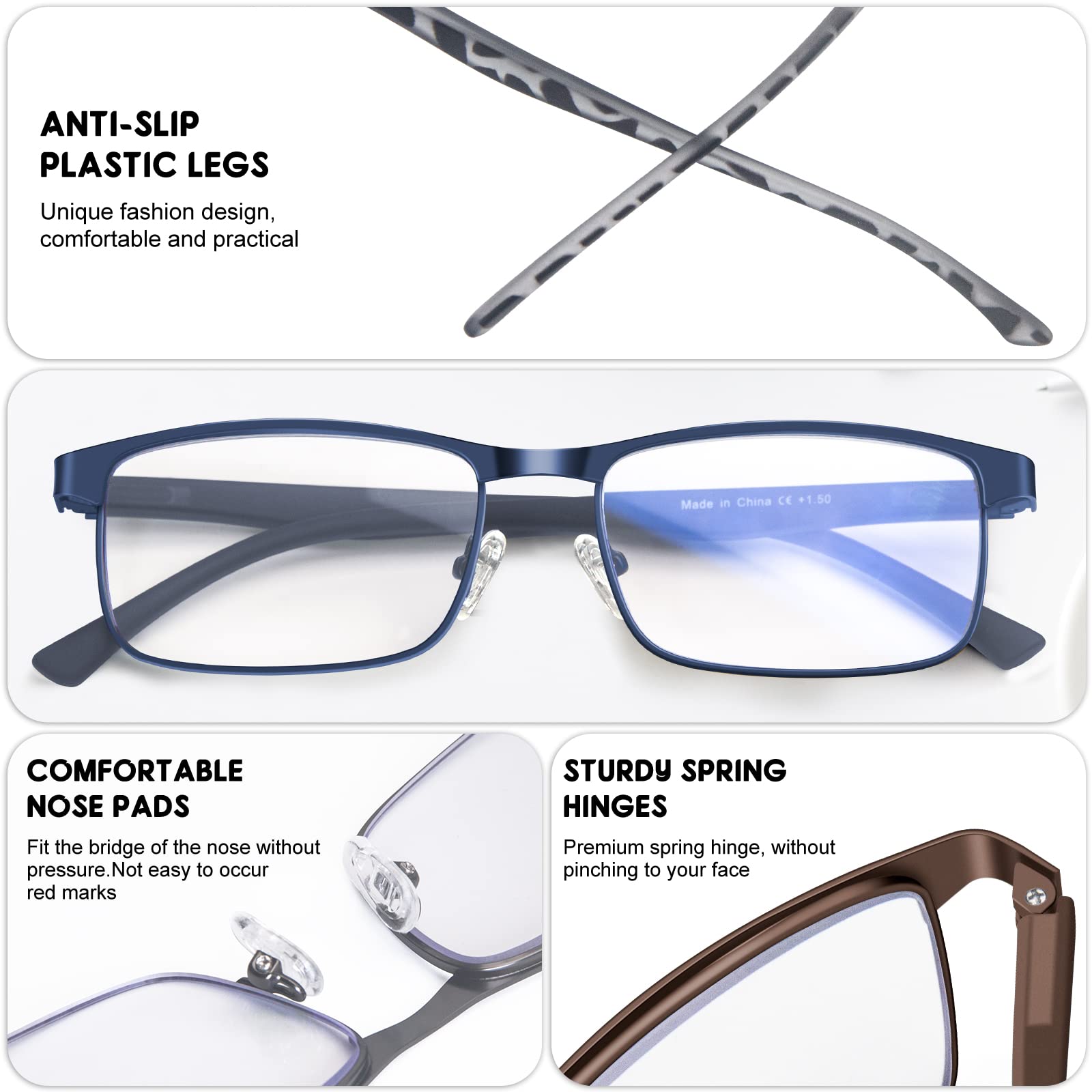 DAMIDEO Men Reading Glasses Blue Light Blocking, 1.5 Lightweight Mens Metal Readers with Spring Hinge Anti Glare Eyeglasses