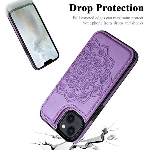 MMHUO for iPhone 14 Plus Case with Card Holder, Flower Magnetic Back Flip Case for iPhone 14 Plus Wallet Case for Women, Protective Case Phone Case for iPhone 14 Plus,Purple