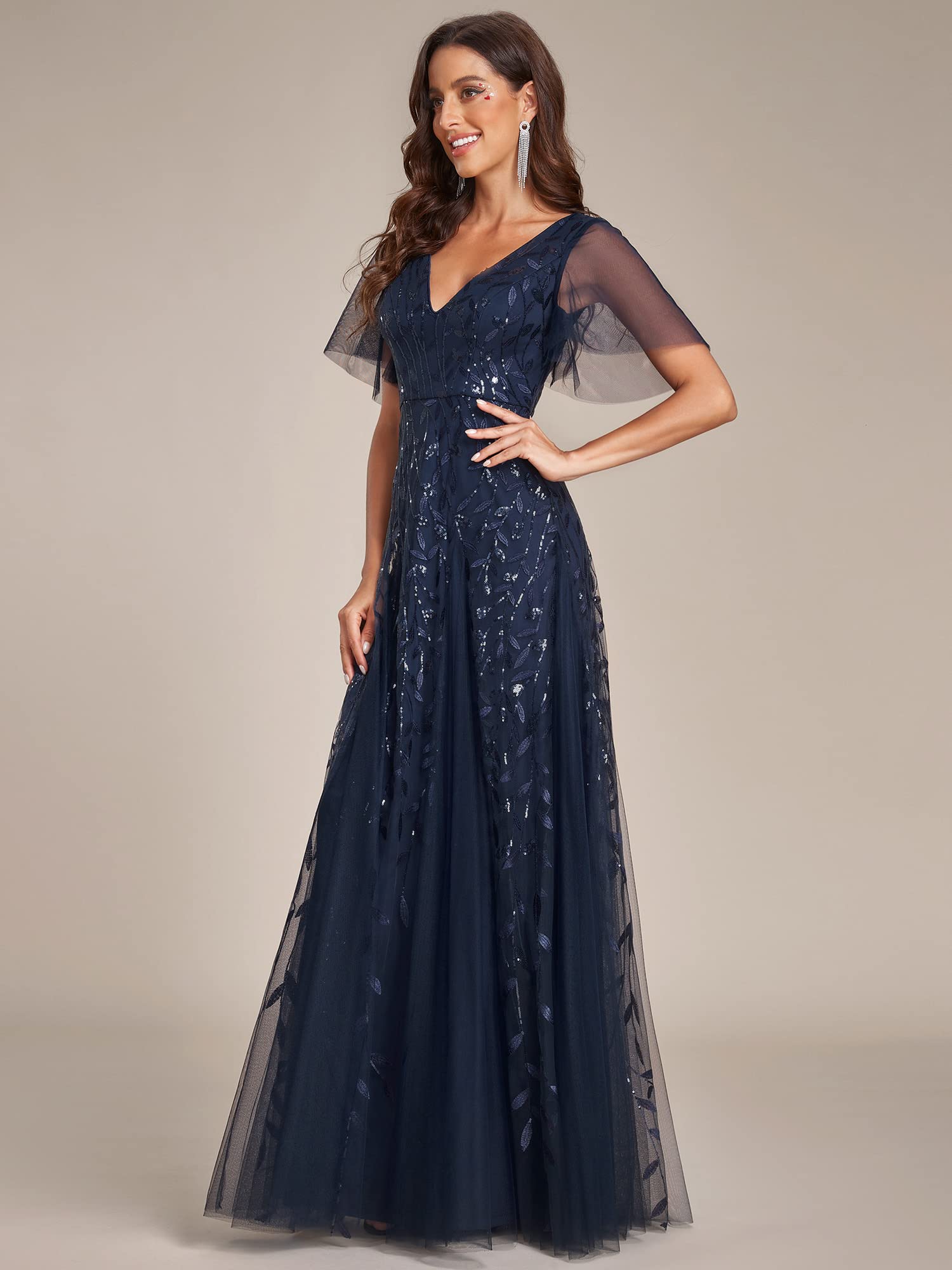 Ever-Pretty Women's Sequin Sparkly V-Neck Short Sleeve Maxi Evening Dress Prom Gowns Navy Blue US10