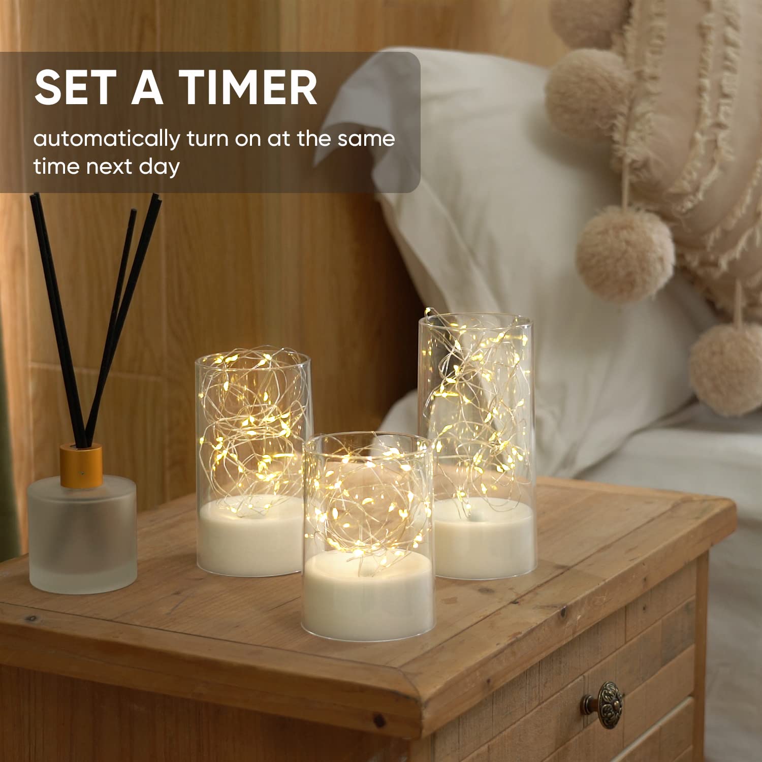 Homemory White Clear Flameless Candles with Remote, Embedded Twinkle String Lights in Acylinder Battery Pillar Candles, Unique Timer Fake Candles for Wedding Home Decor, 8 Mode Lights, Set of 3