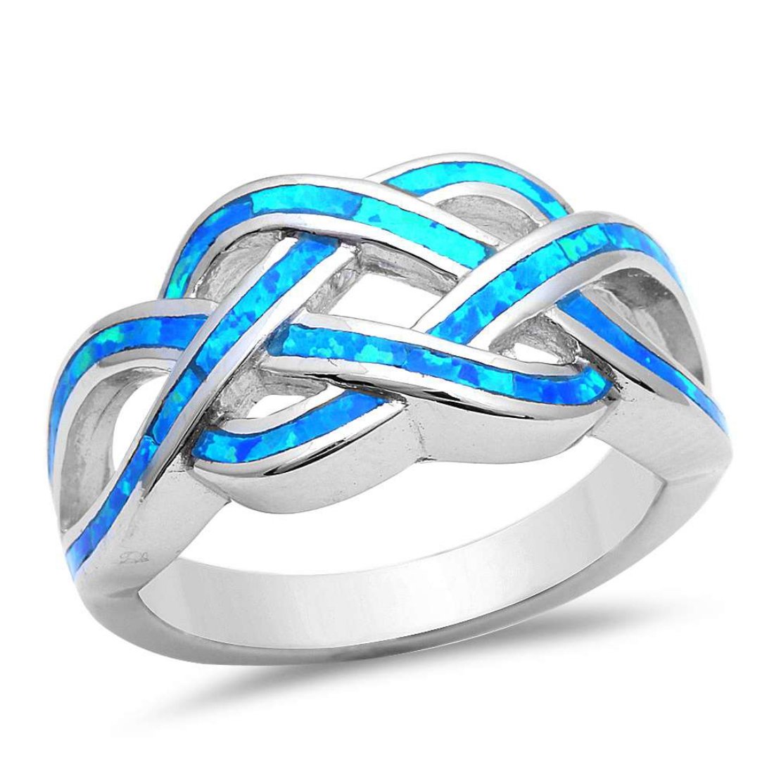 Crisscross Infinity Celtic Created Blue Opal Ring 925 Sterling Silver, Size - 5