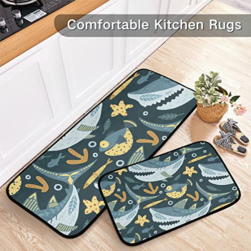 Funny Shark Fish Kitchen Rugs and Mats Set 2 Piece Non Slip Washable Runner Rug Set of 2 for Kitchen Sink Floor Home Decor Laundry