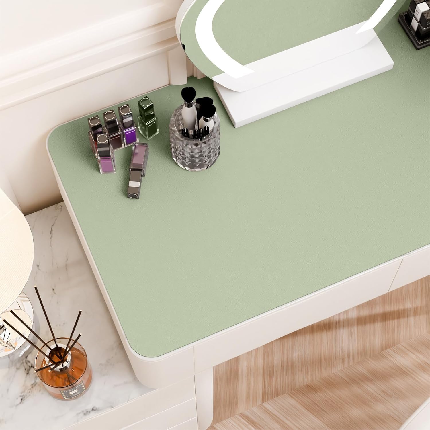 Makeup Mat Dual-Sided Waterproof and Oilproof Vanity Desk Mat, Easy-to-Clean Makeup Mat for Protecting Vanity Top – 23.6" x 11.8" (Blue and Olive Green)