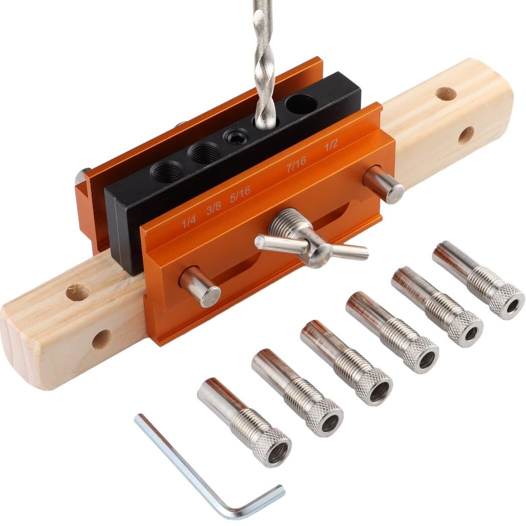 Doweling Jig Kit With 6 Bushings, Self Centering Drilling Guide, Adjustable Width Punching Locator, Straight Holes Woodworking Locator Joint Tool