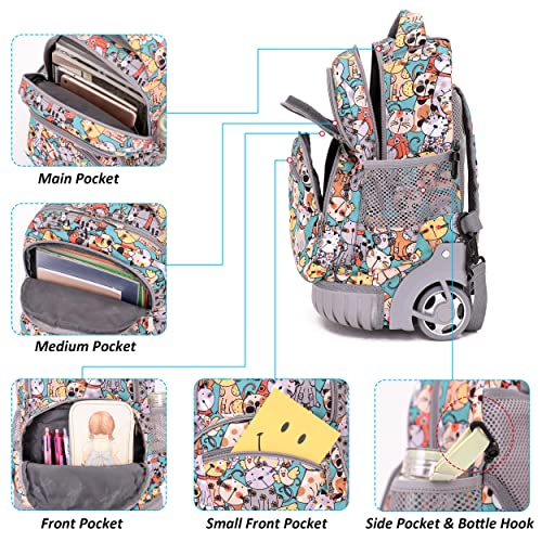 NEW TILAMI 16 Inches Rolling Backpack, Boys&Girls Wheeled Backpack School Travel Student Bag Kids Rolling Backpack, Cat