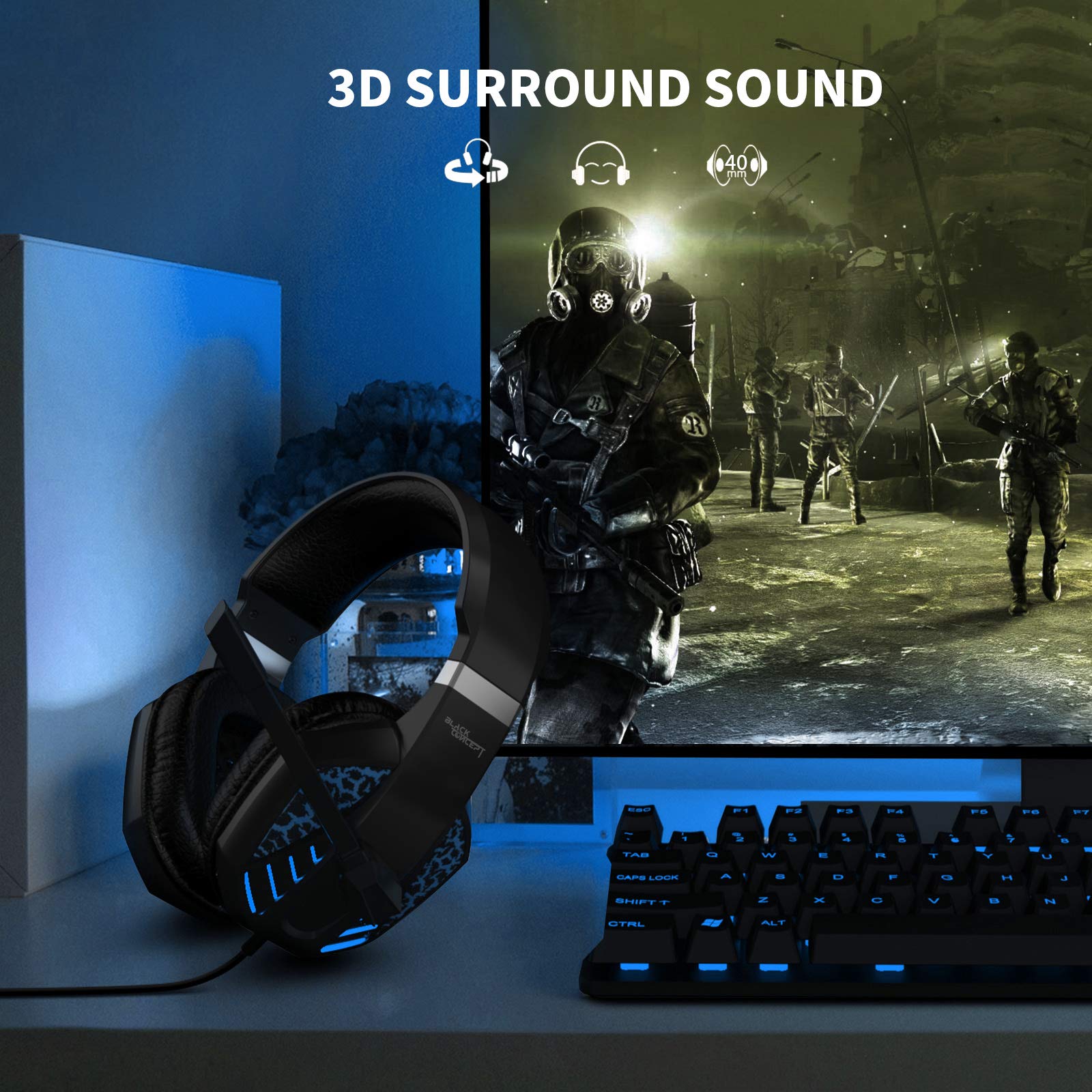Gaming Headset for Xbox one,PC,PS4,PS5,Laptop,Mac,iPad,Switch Games, Video Game Headset with Microphone LED Lights Noise Canceling Bass Surround Soft Memory Earmuffs for Game Competition-Blue