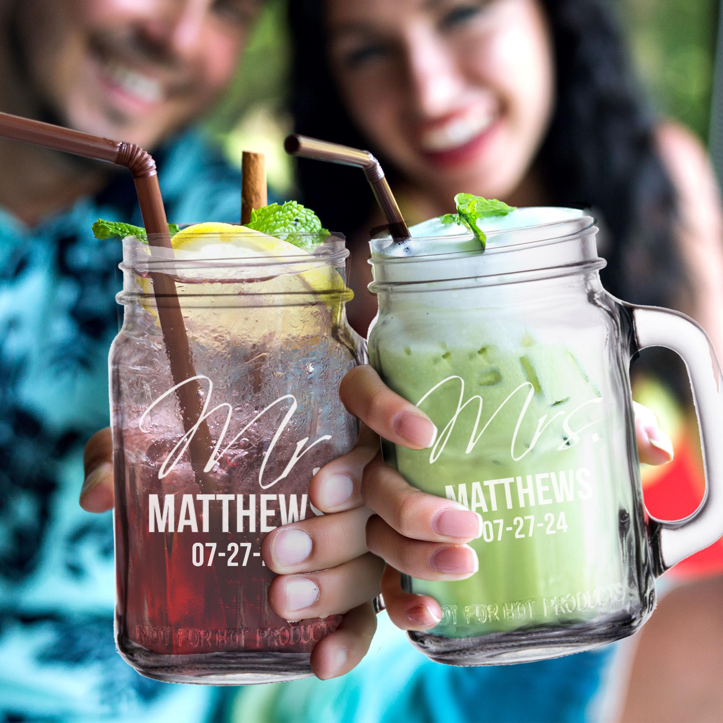 My Personal Memories Set of 2 Mr and Mrs Personalized Mason Jar Glasses - Engraved, Custom, Monogrammed Barware Glassware Gifts
