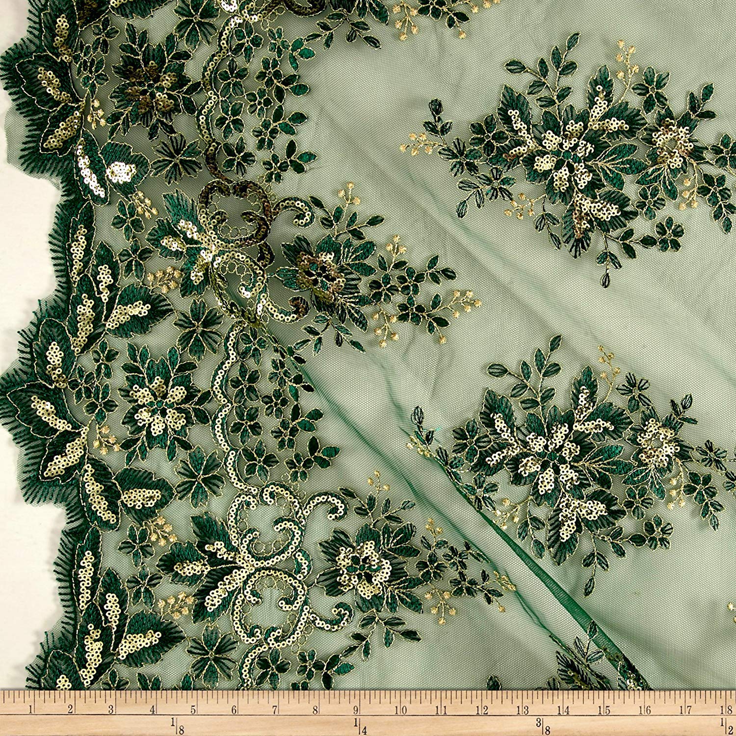 Pine Green/Gold Rowley Sequin Embroidered Mesh Fabric. Lace Netting Material Ideal for Sewing, Dresses, Gowns, Dresses, Skirts, Veils, DIY, Arts & Crafts, Drapery, Tablecloths, Home DĂŠcor Etc