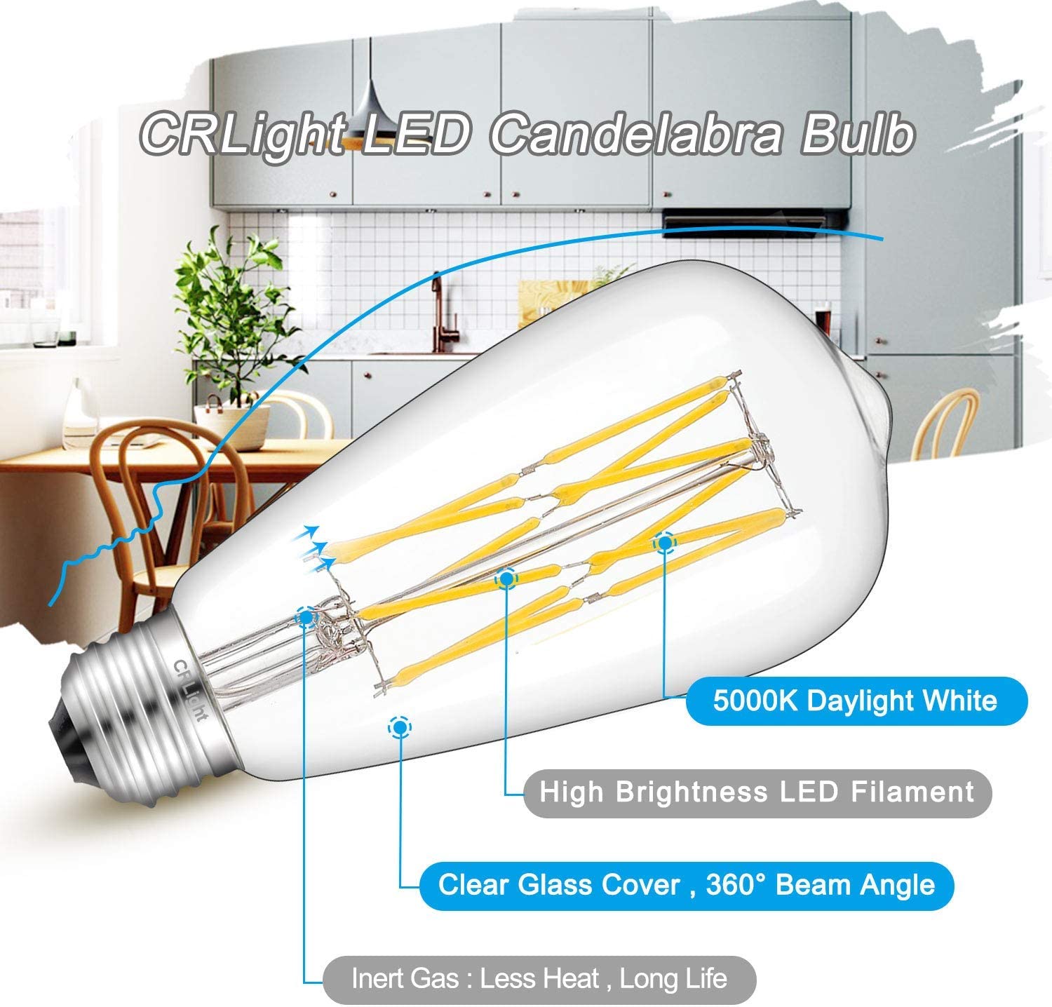 CRLight 12W Dimmable LED Edison Bulb 5000K Daylight White, 120W Equivalent 1200 lumen E26 Base, Vintage Style ST64 Clear Glass LED Double-layer Spiral Filament Bulbs, Smooth Dimming Version, 3 Pack