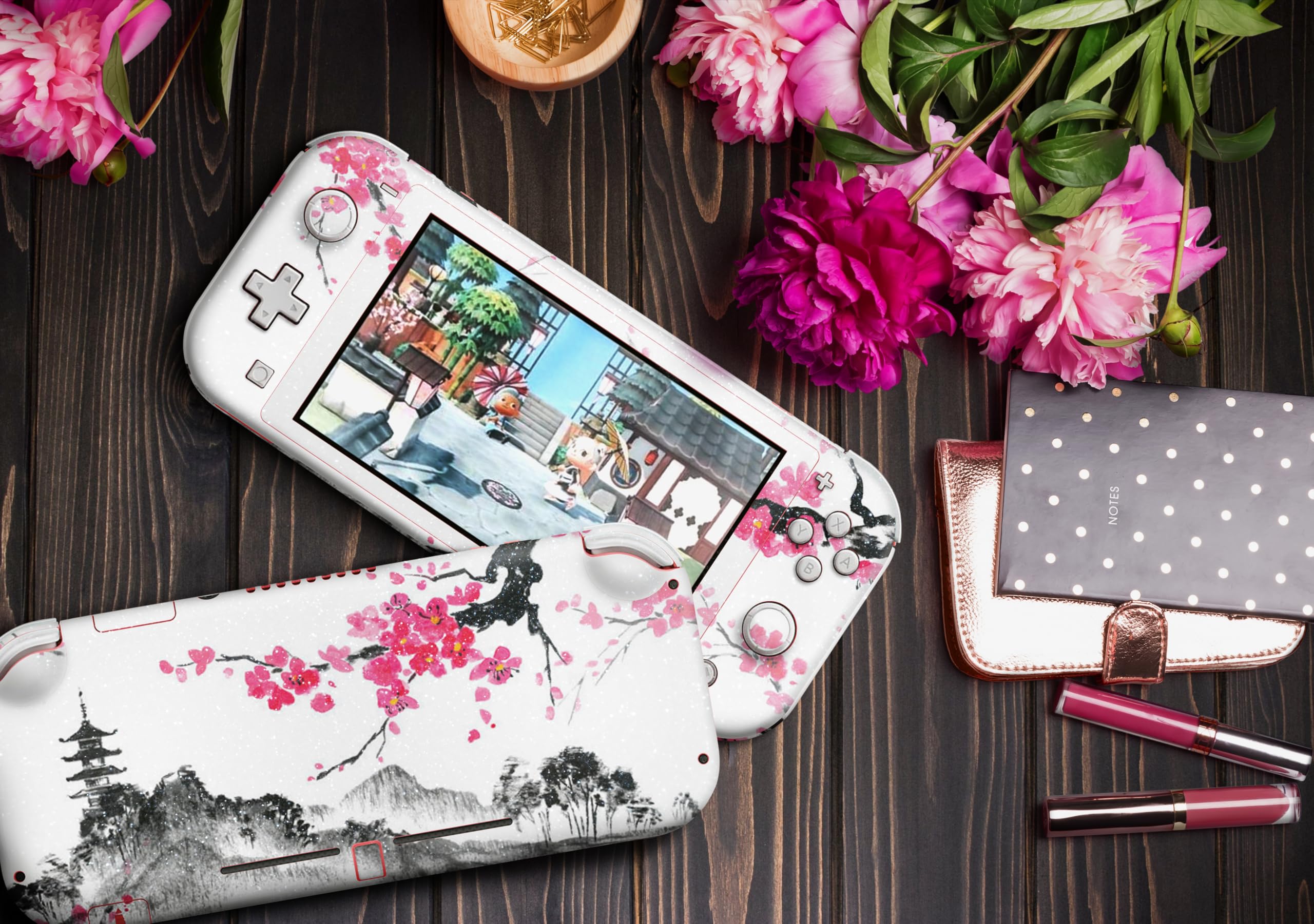 ZOOMHITSKINS Switch Lite Accessories, Compatible for Switch Lite Skin, Pink Cherry Blossom Japan Temple Asia Black Pastel Flowers, 3M Vinyl, Durable & Fit, Easy to Install, Made in The USA