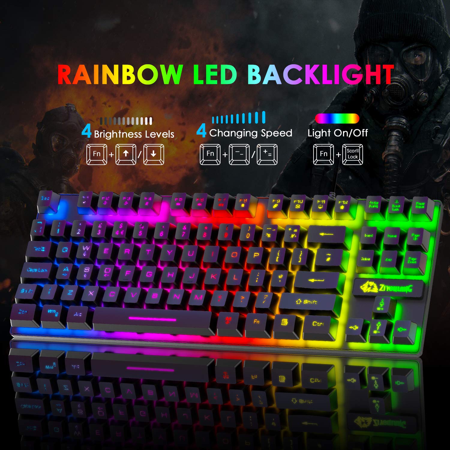 Gaming Keyboard and Mouse Combo,88 Keys Compact Rainbow Backlit Mechanical Feel Keyboard,ps4 Converter Adapter,RGB Backlit 6400 DPI Lightweight Gaming Mouse with Honeycomb Shell for Windows PC Gamers