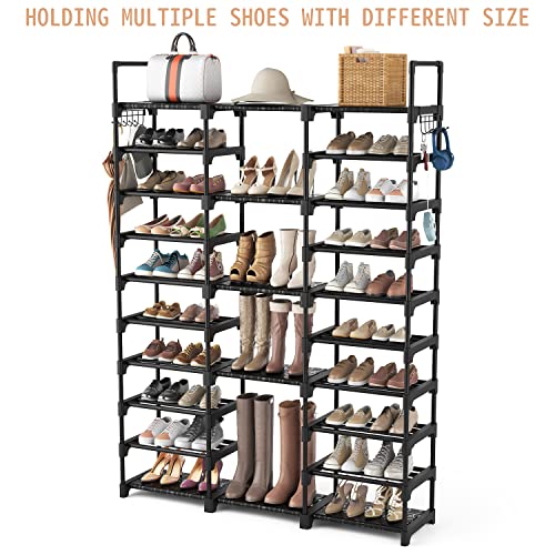 VTRIN Upgrade Shoe Rack Shoe Organizer for Entryway 10 Tiers Holds 54-62 Pairs Shoe and Boots Shelf Organizer Storage Organizer for Closet Durable Metal with Versatile Hooks for Bedroom Garage