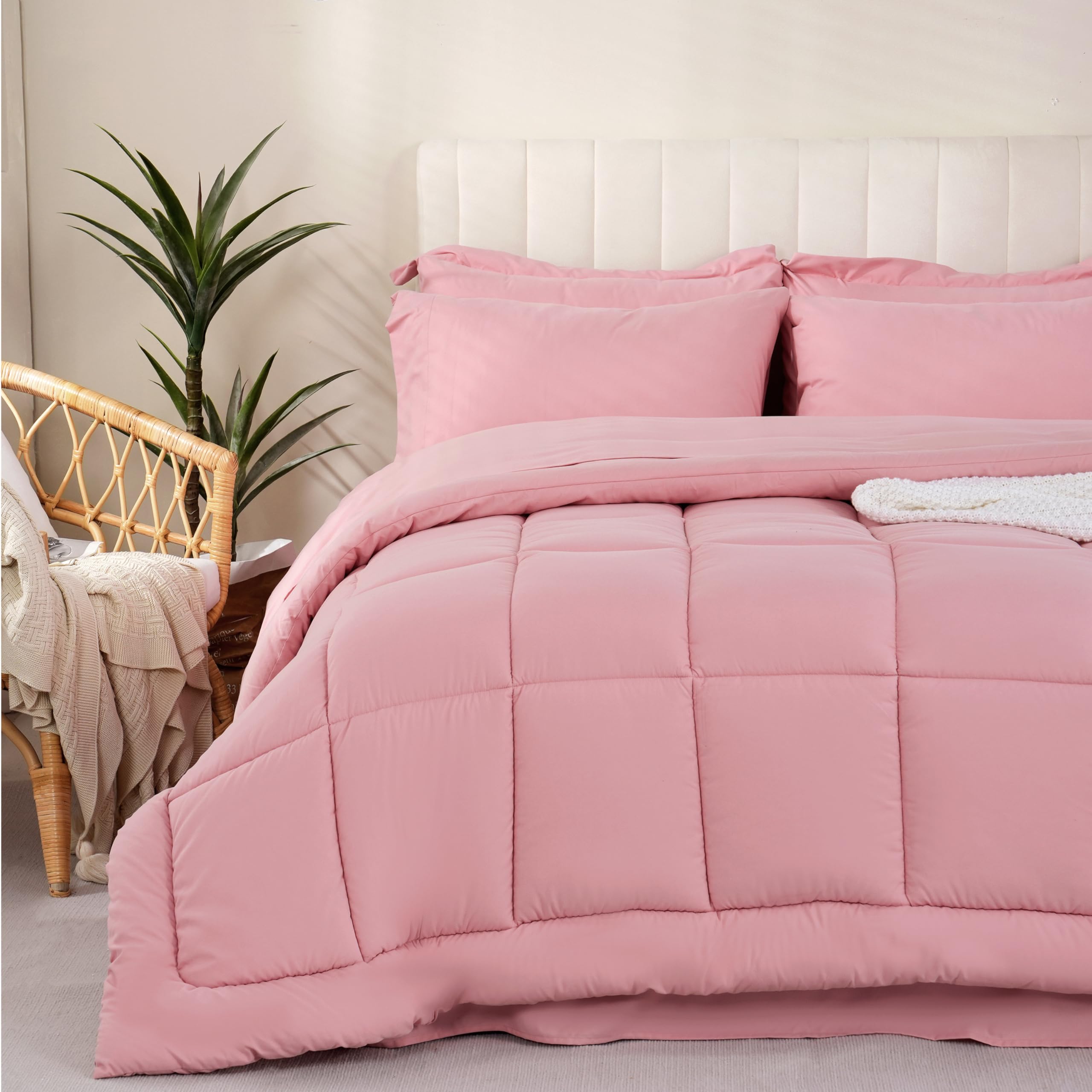 DOWNCOOL Queen Comforter Set, 7 Pieces Bedding Sets Queen Pink, All Season Down Alternative Bed in a Bag Queen with Comforter, Flat Sheet, Fitted Sheet