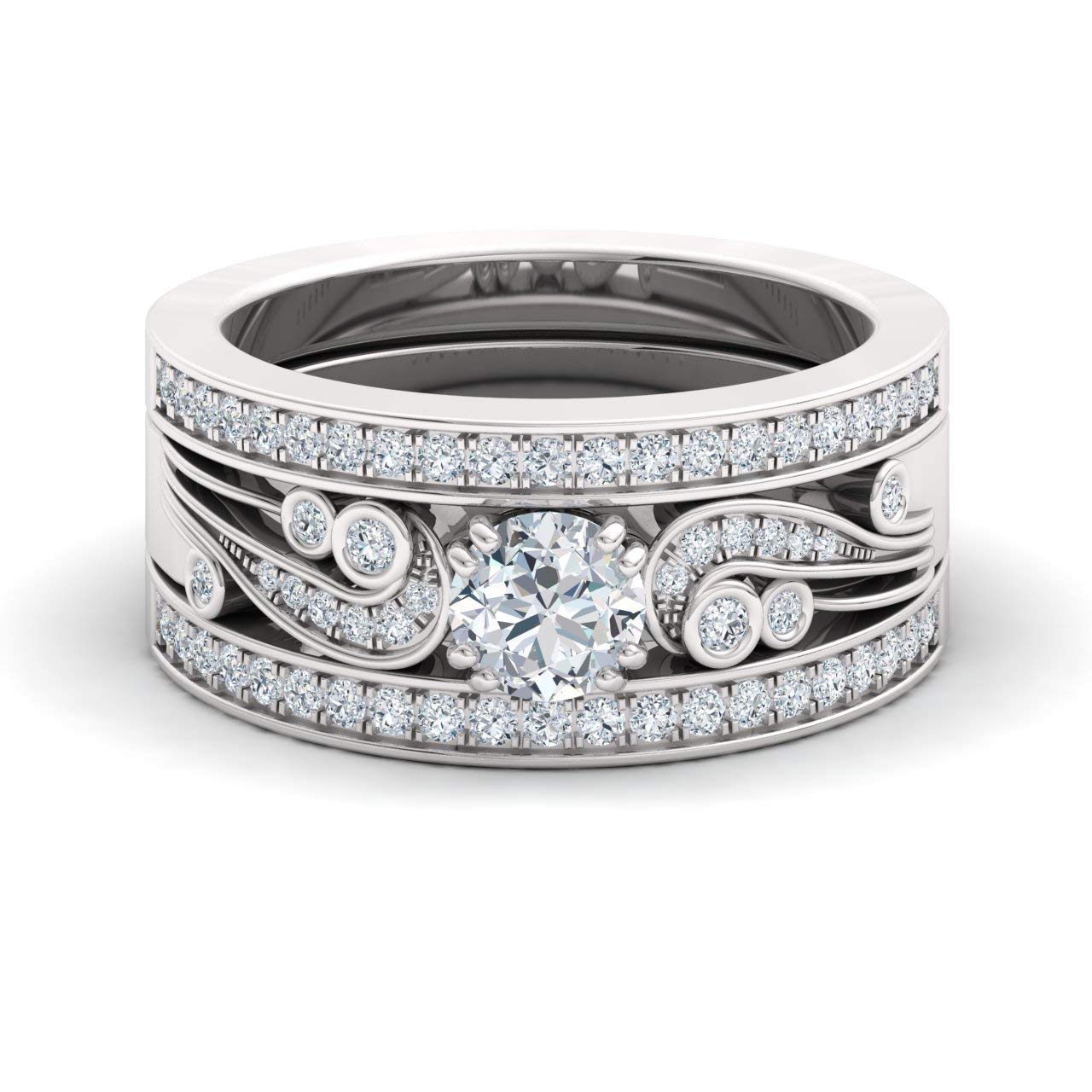 Diamondere Certified Moissanite and Diamond Engagement Ring Set in 14K White Gold | 0.98 Carat Trio Wedding Ring Sets, US Size 7