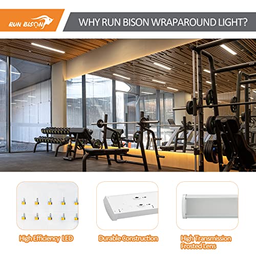 Run Bison 4FT LED Wraparound Light Fixture, 3 Color Selectable 3500K-5000K,Lumen Adjustable 3680/4600/5520LM,120-277V, 0-10V Dimmable Vapor Proof Parking Garage Light Fixture - 2 Pack