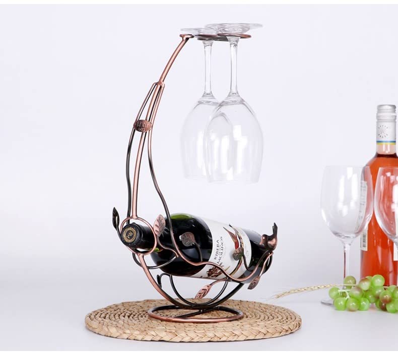 Ecostan Wine Holder Stand &Kitchen Tabletop Decoration，Metal Wine Bottle Rack for Holds 1 Bottle 2 Glasses（Bronze）